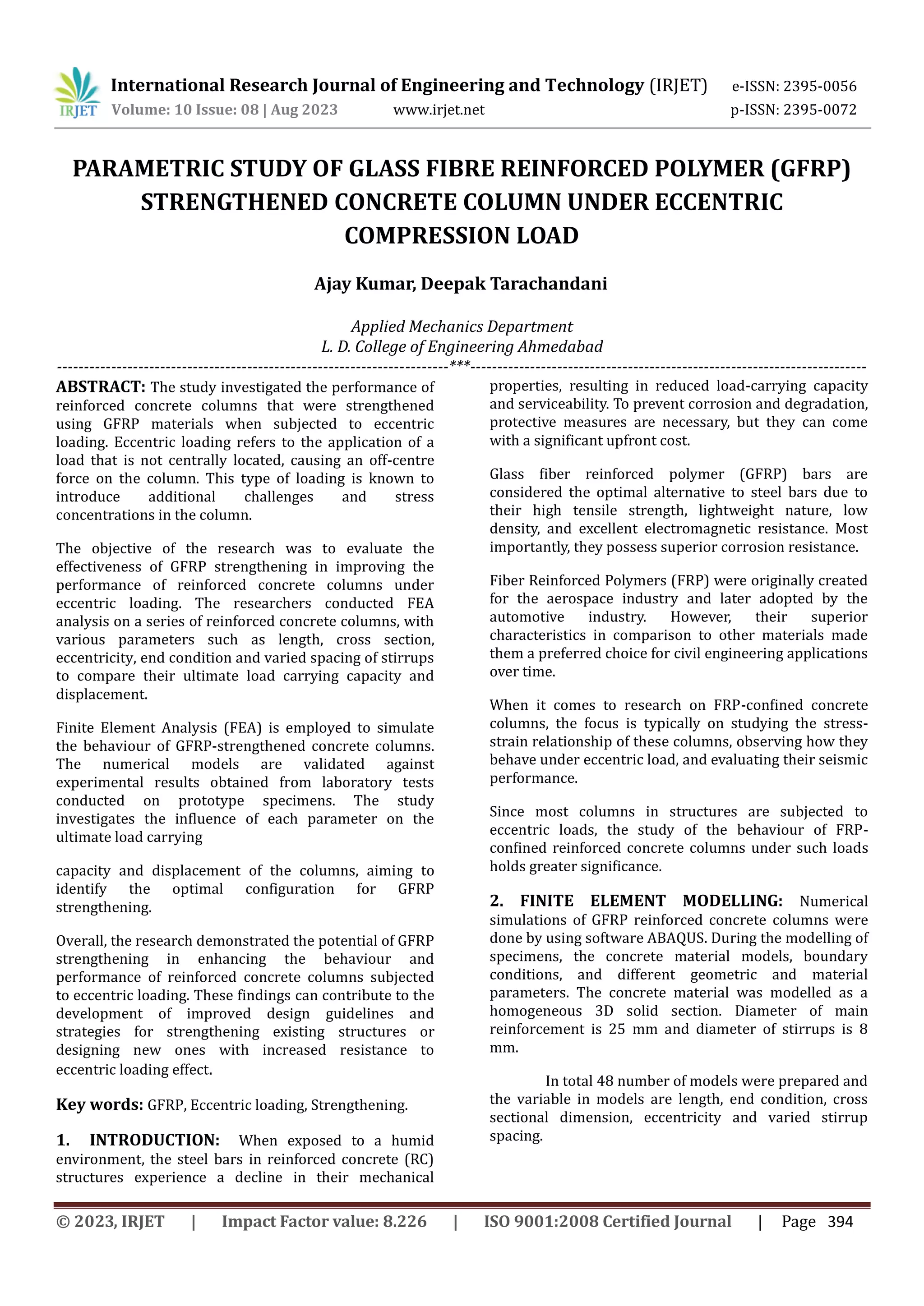 PARAMETRIC STUDY OF GLASS FIBRE REINFORCED POLYMER (GFRP) STRENGTHENED ...