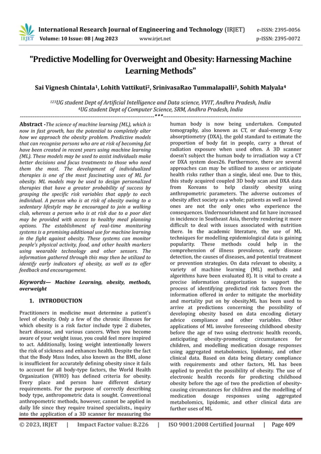 Predictive Modelling For Overweight And Obesity Harnessing Machine Learning Methods Pdf