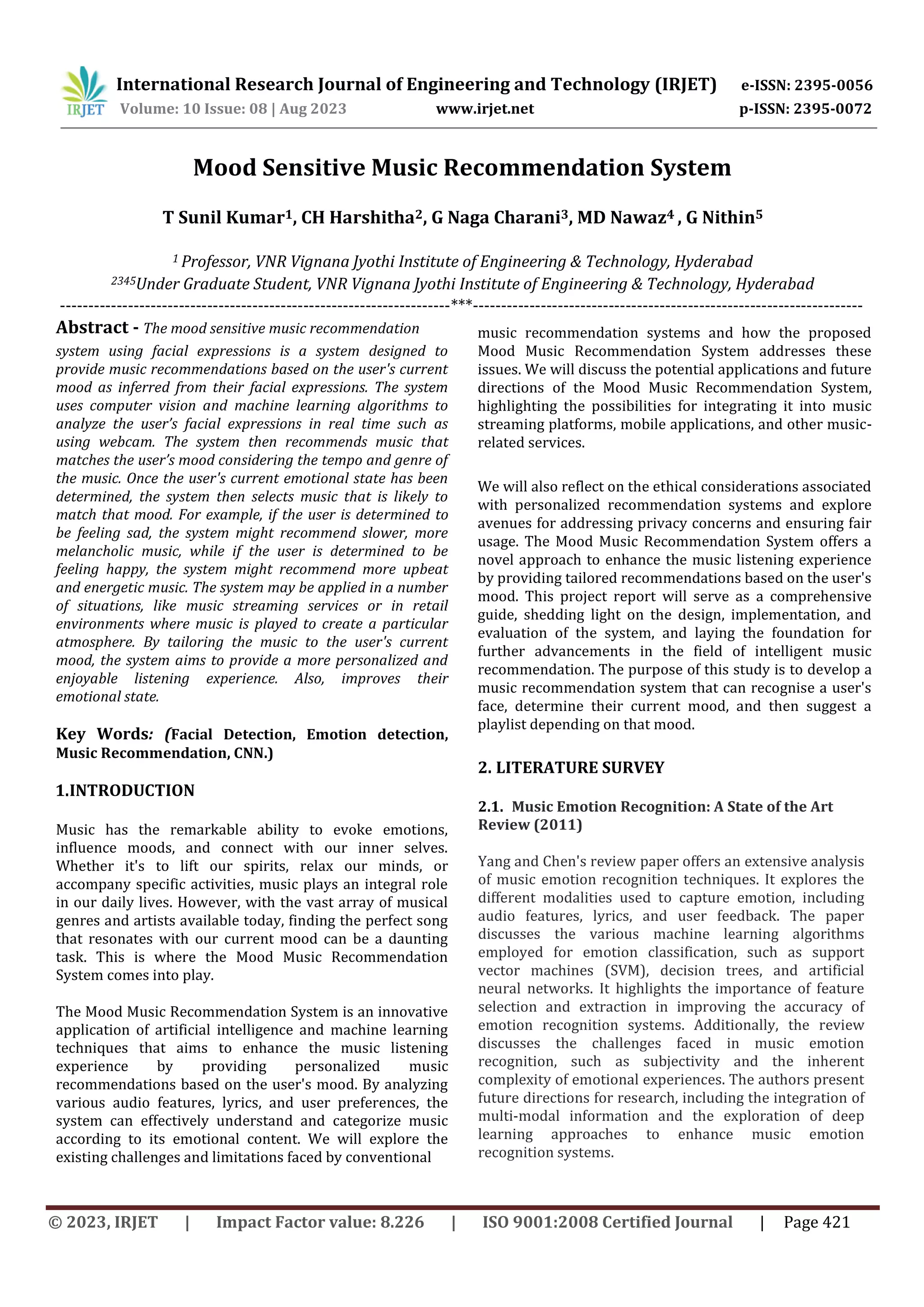 Mood Sensitive Music Recommendation System | PDF