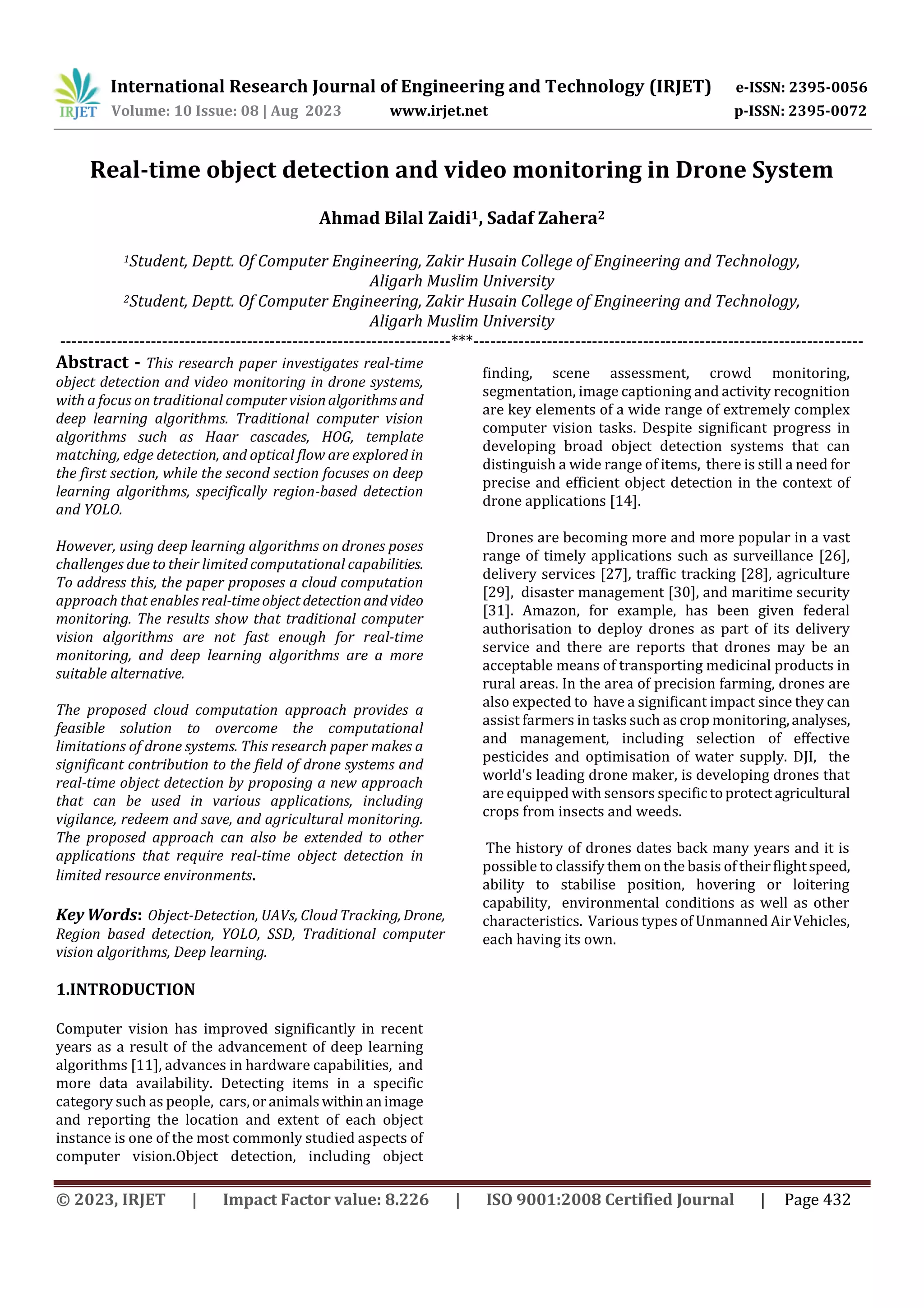 Real-time object detection and video monitoring in Drone System | PDF