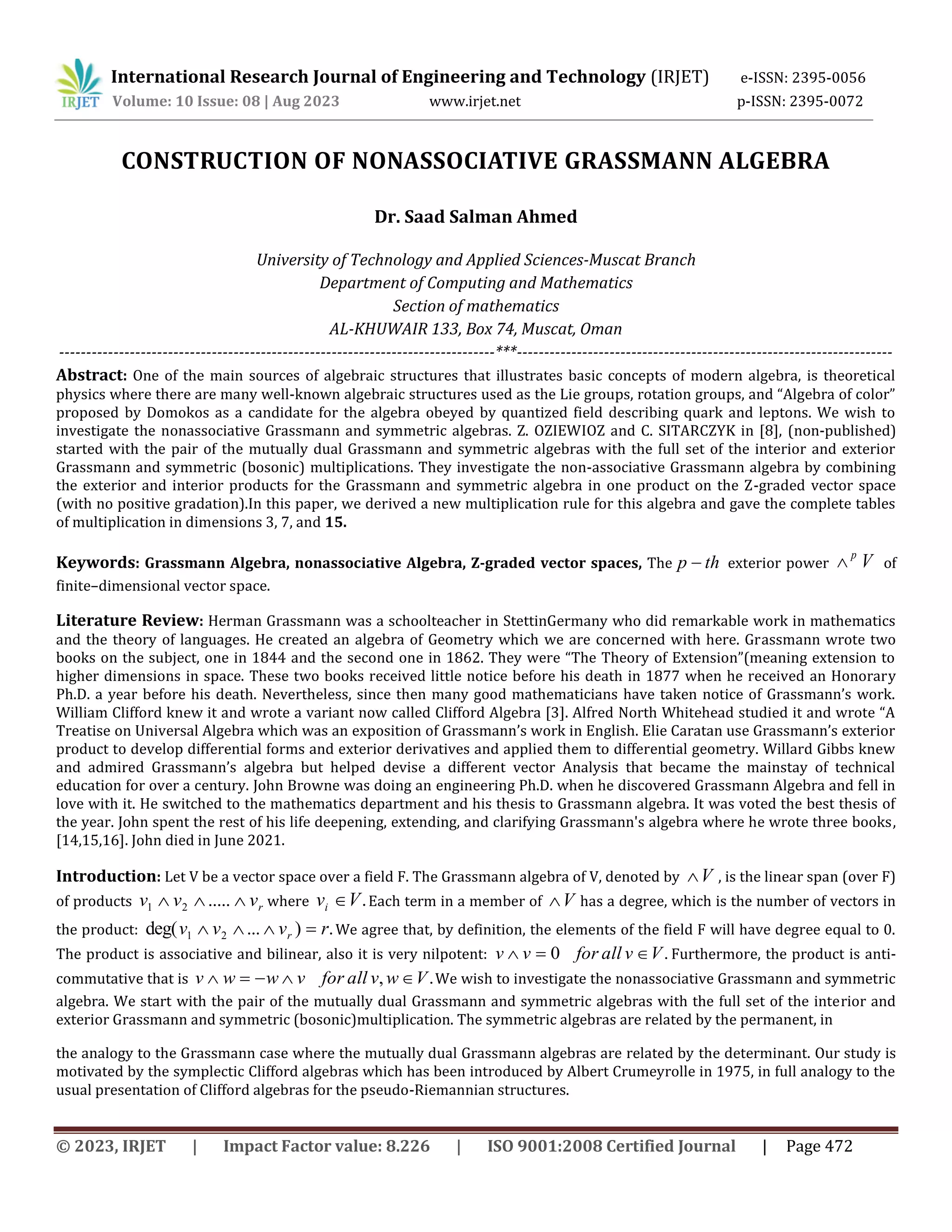 CONSTRUCTION OF NONASSOCIATIVE GRASSMANN ALGEBRA | PDF