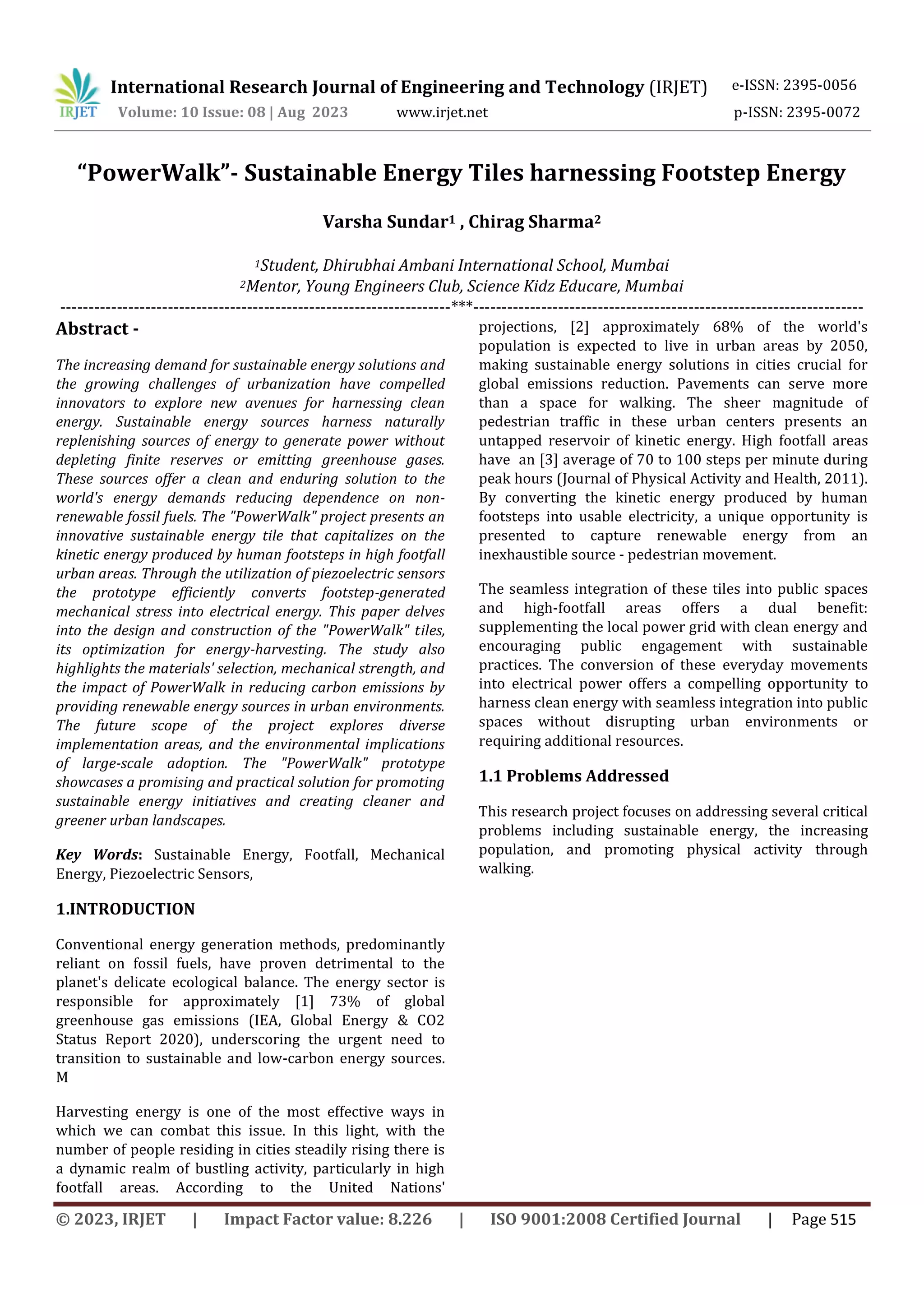 “PowerWalk”- Sustainable Energy Tiles harnessing Footstep Energy | PDF