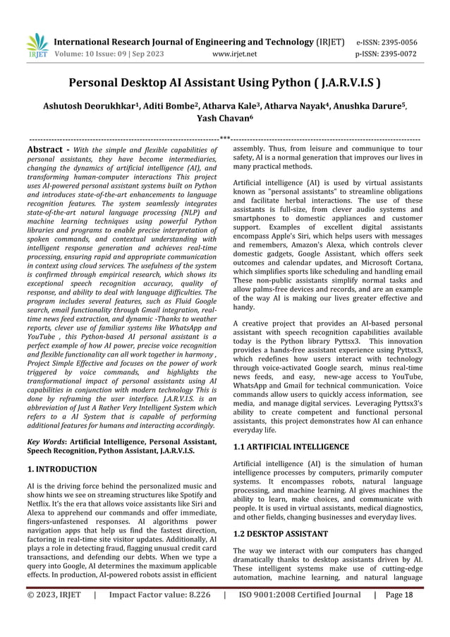 Personal Desktop AI Assistant Using Python ( J.A.R.V.I.S ) | PDF