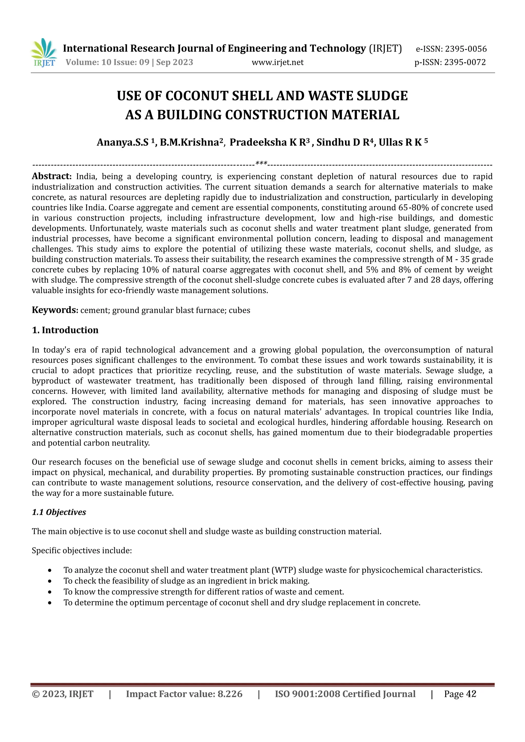 USE OF COCONUT SHELL AND WASTE SLUDGE AS A BUILDING CONSTRUCTION MATERIAL | PDF