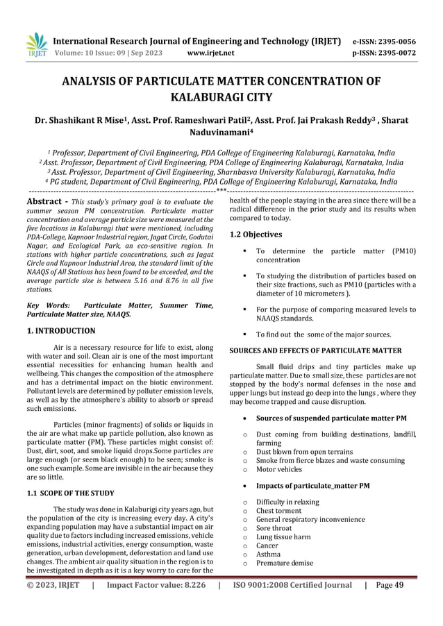 ANALYSIS OF PARTICULATE MATTER CONCENTRATION OF KALABURAGI CITY | PDF