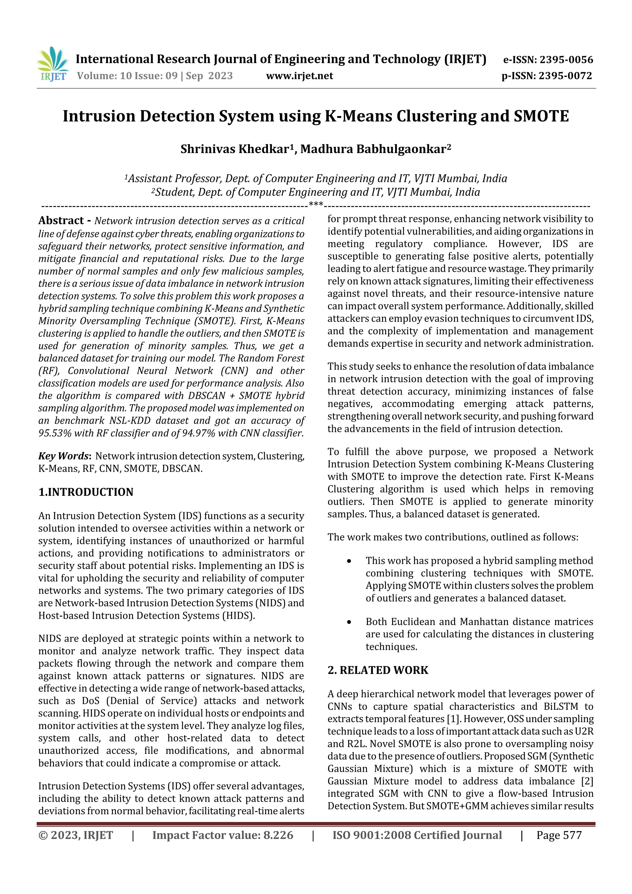 Intrusion Detection System using K-Means Clustering and SMOTE | PDF