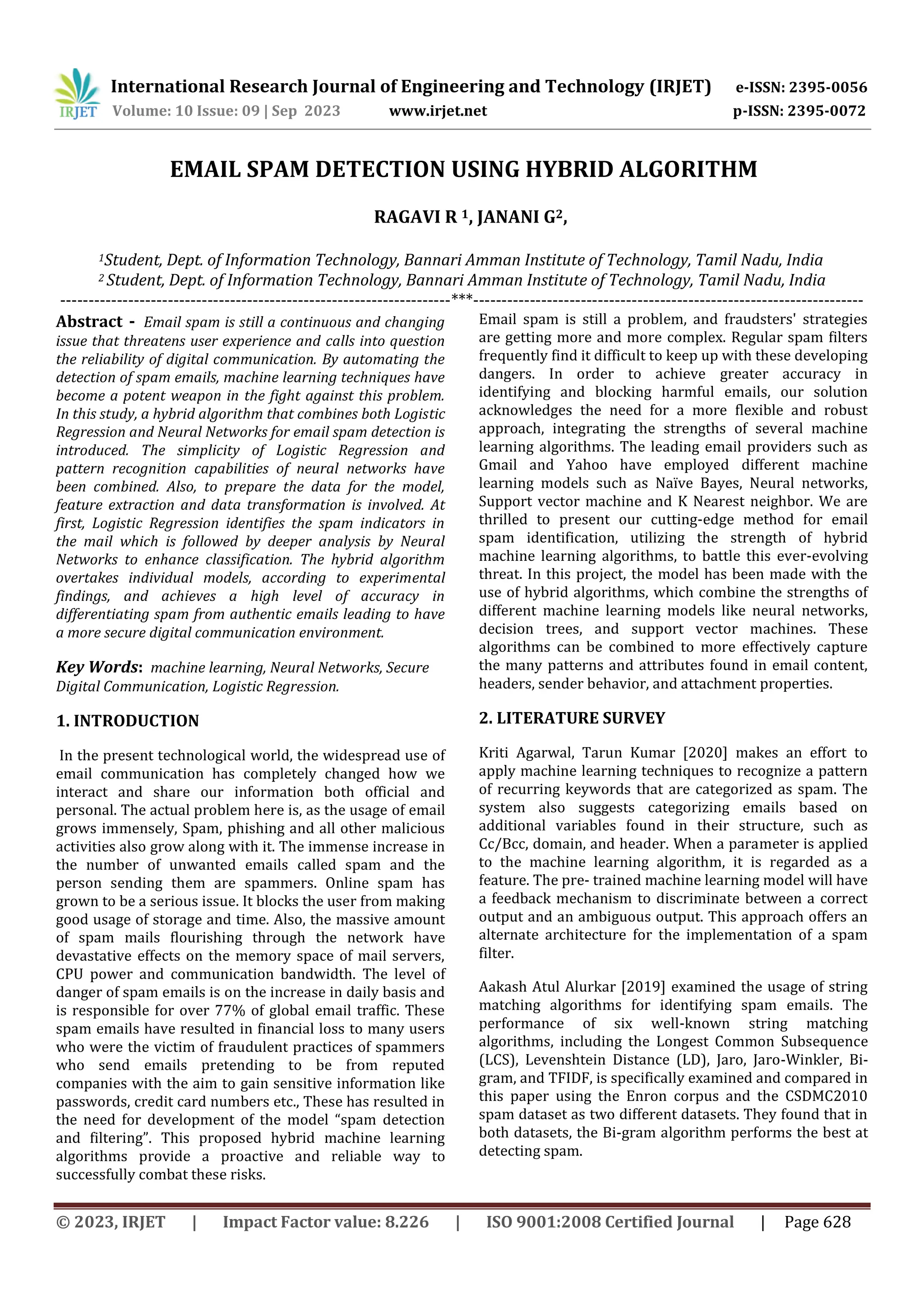 Email Spam Detection Using Hybrid Algorithm Pdf