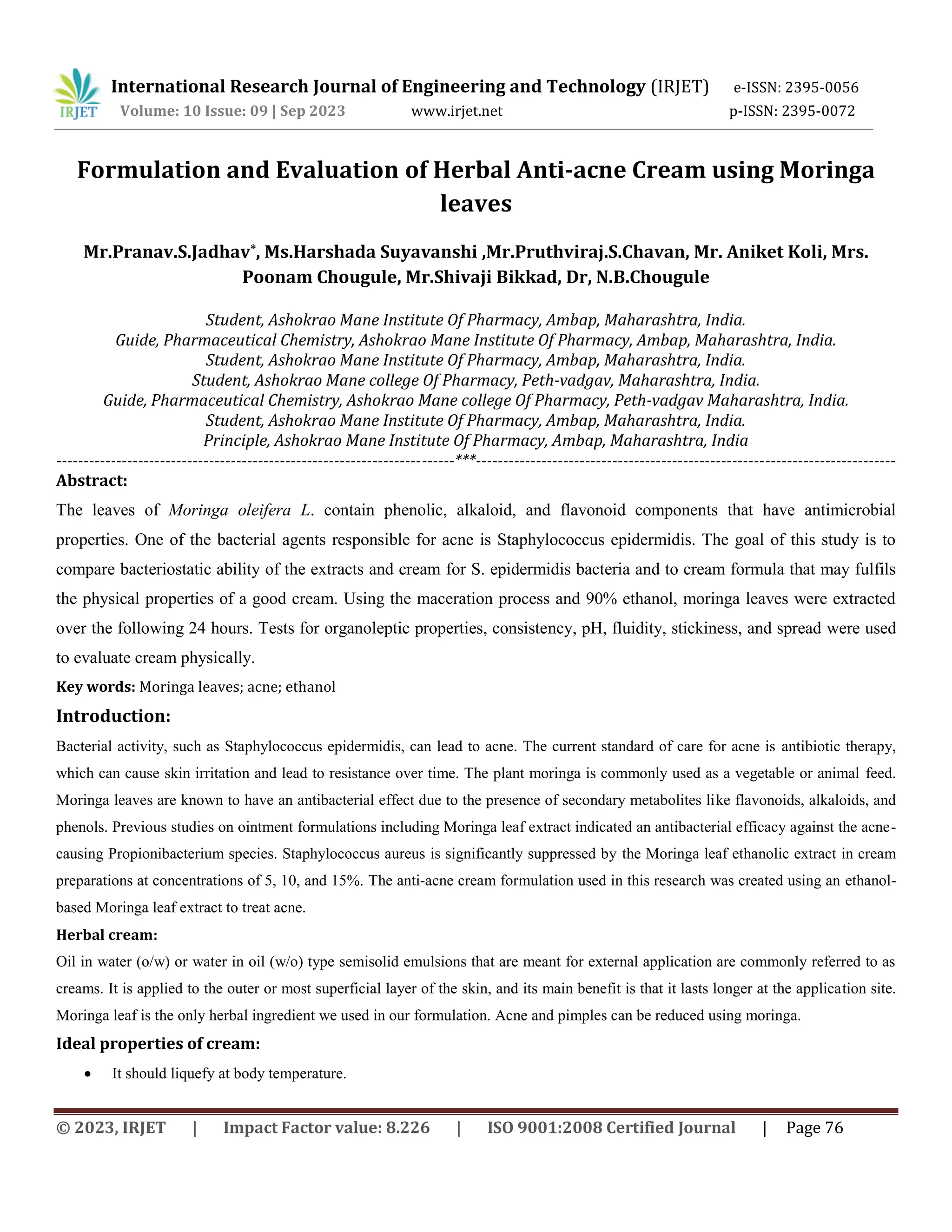 Formulation and Evaluation of Herbal Anti-acne Cream using Moringa leaves | PDF | Skin and ...