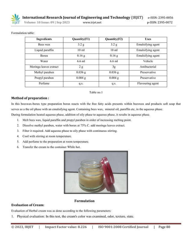 Formulation and Evaluation of Herbal Anti-acne Cream using Moringa ...