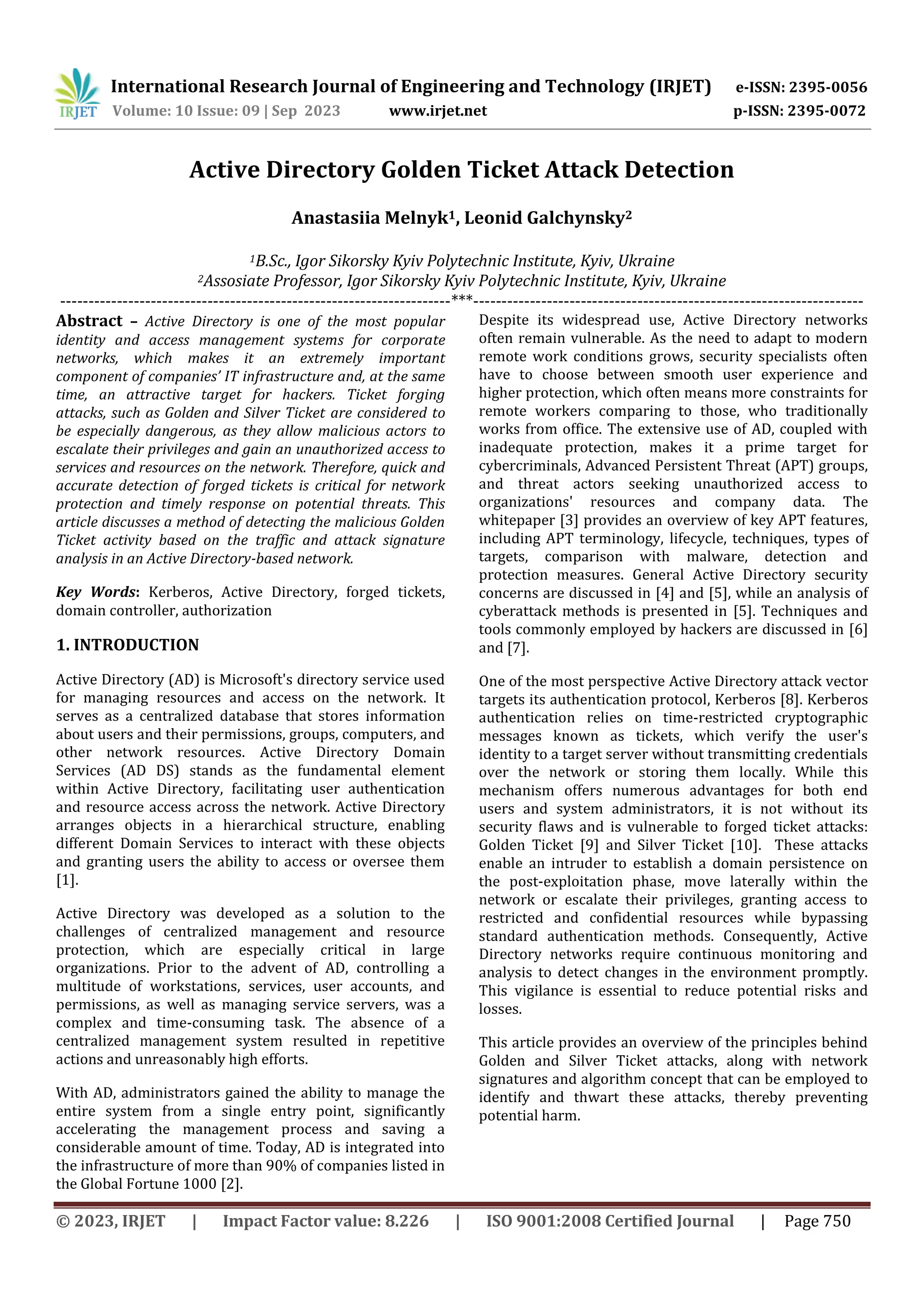 Active Directory Golden Ticket Attack Detection | PDF