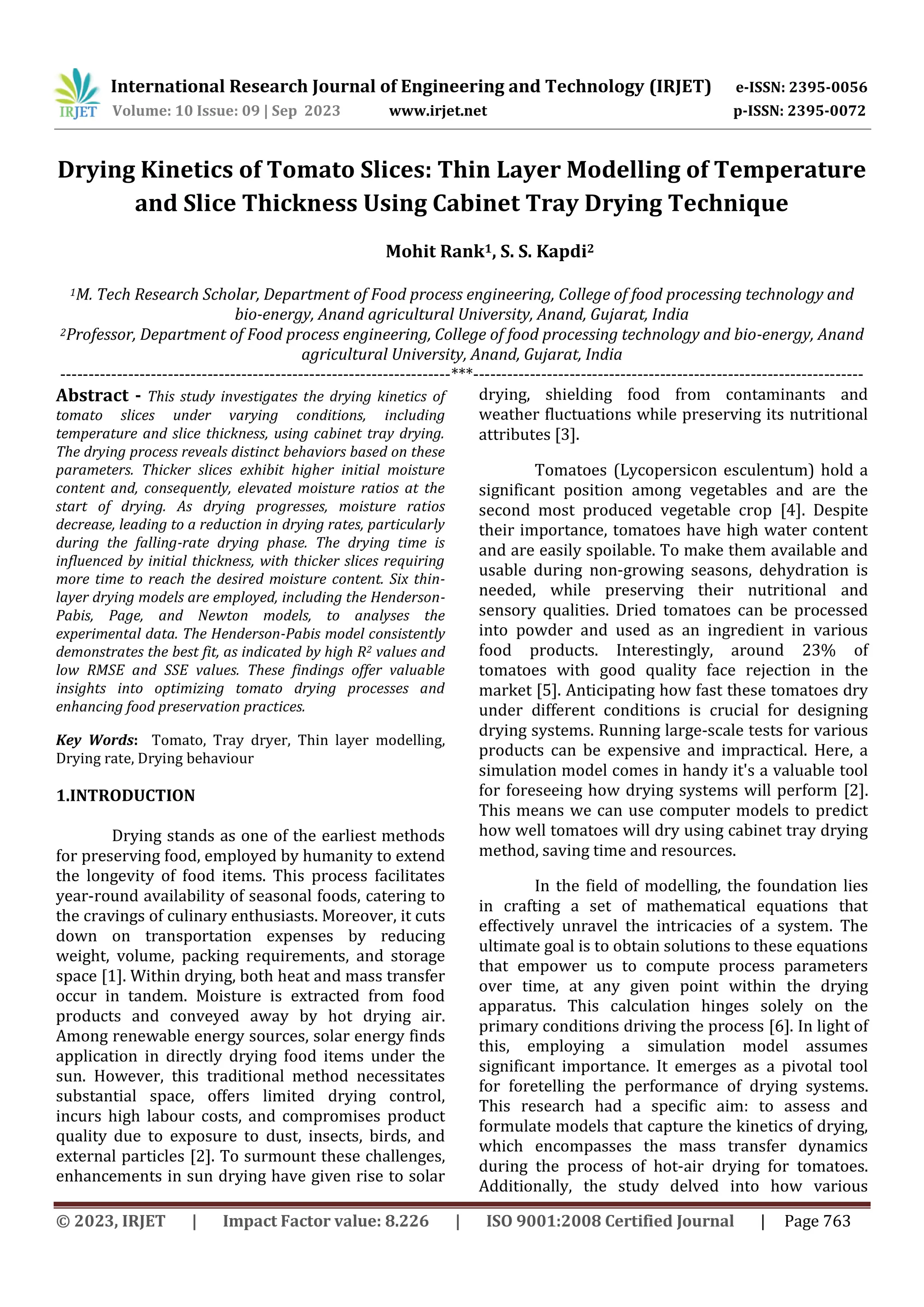 Drying Kinetics Of Tomato Slices Thin Layer Modelling Of Temperature And Slice Thickness Using
