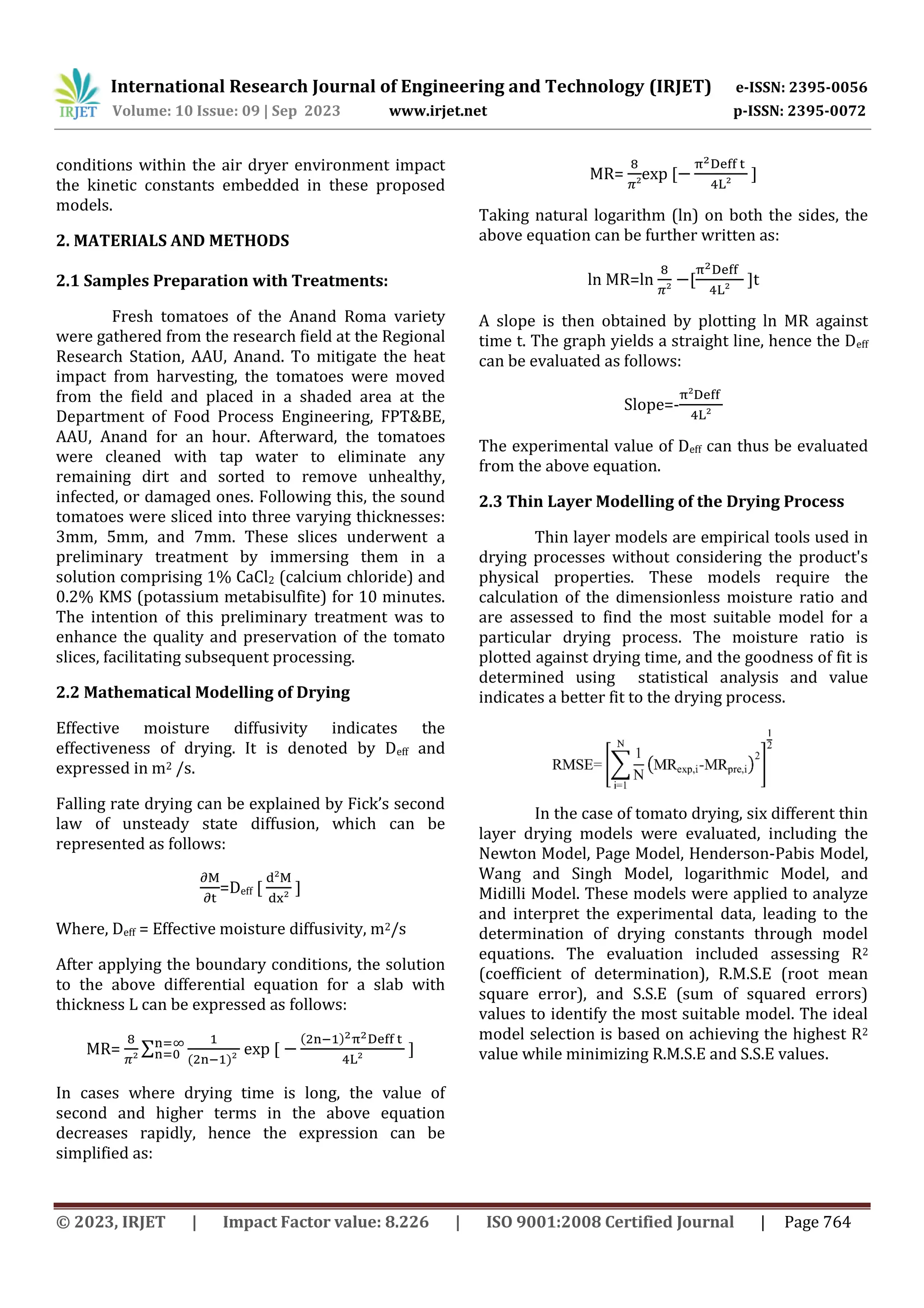Drying Kinetics Of Tomato Slices Thin Layer Modelling Of Temperature And Slice Thickness Using