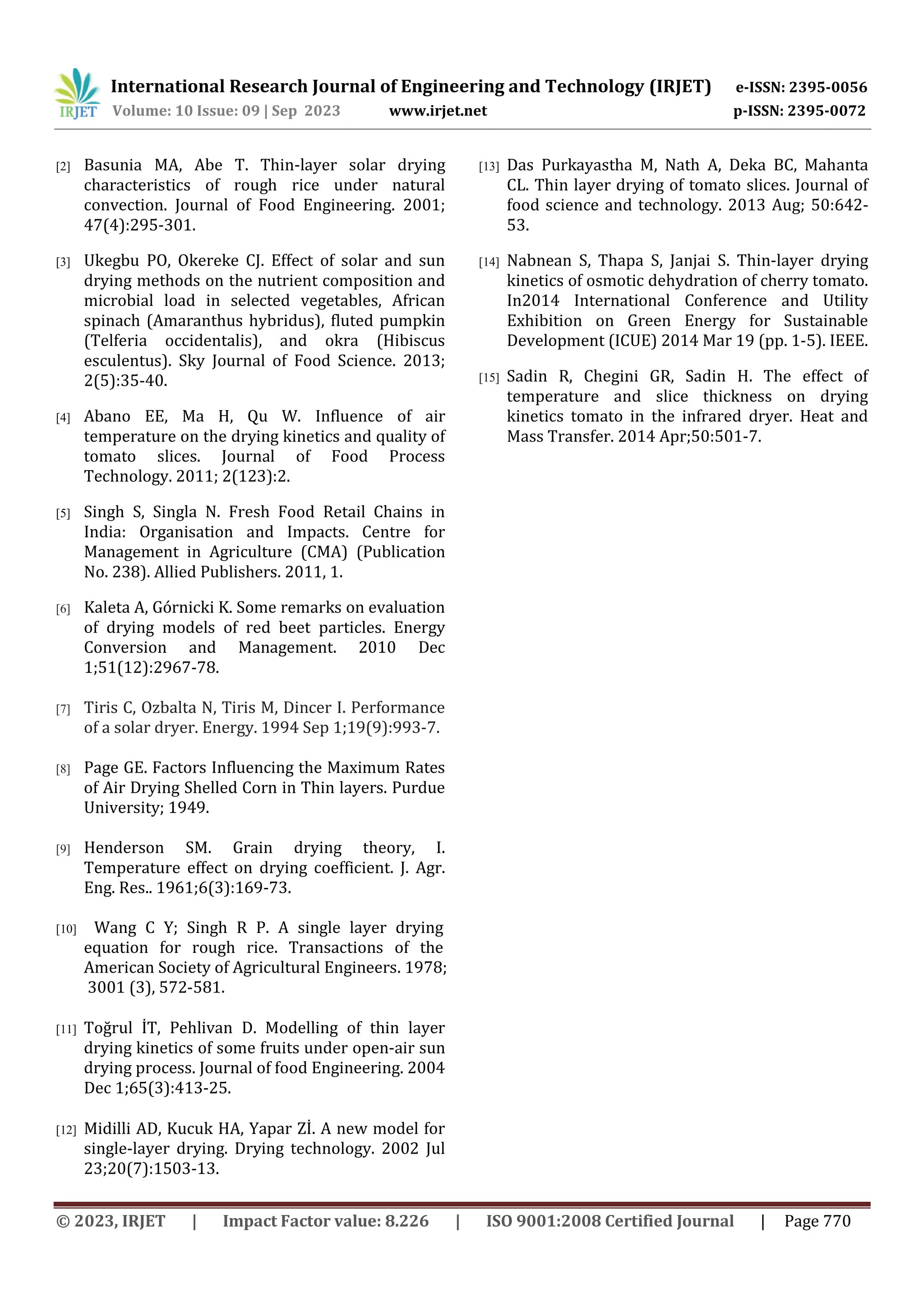 Drying Kinetics Of Tomato Slices Thin Layer Modelling Of Temperature