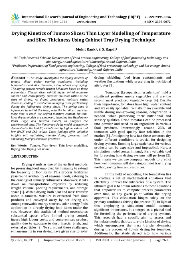 Drying Kinetics Of Tomato Slices Thin Layer Modelling Of Temperature And Slice Thickness Using