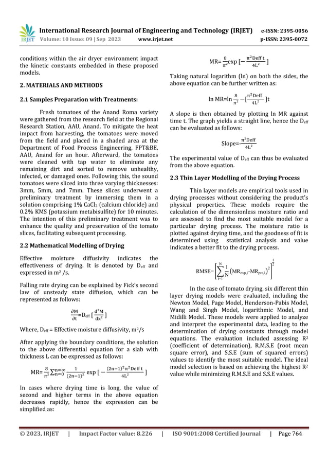 Drying Kinetics Of Tomato Slices Thin Layer Modelling Of Temperature And Slice Thickness Using