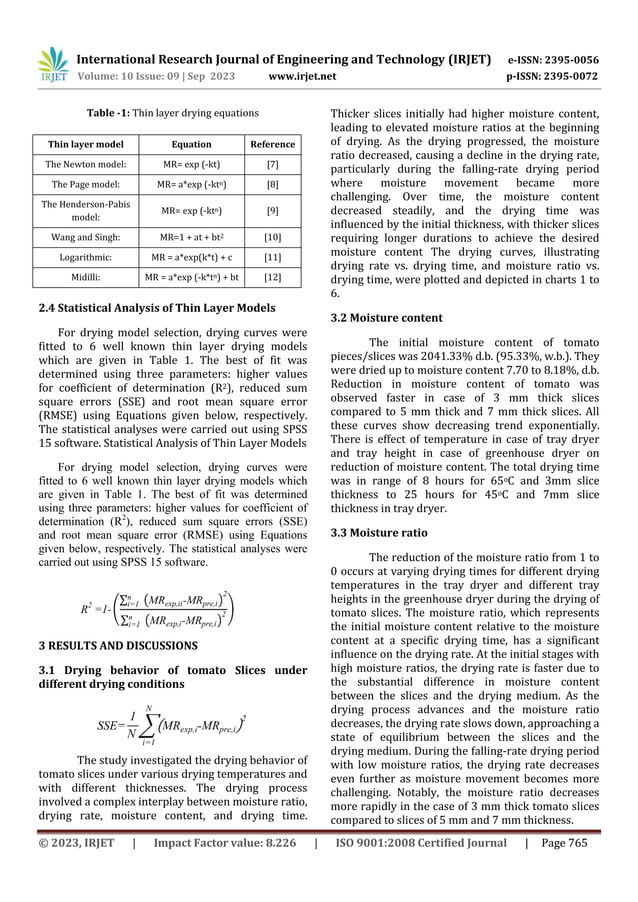 Drying Kinetics Of Tomato Slices Thin Layer Modelling Of Temperature And Slice Thickness Using
