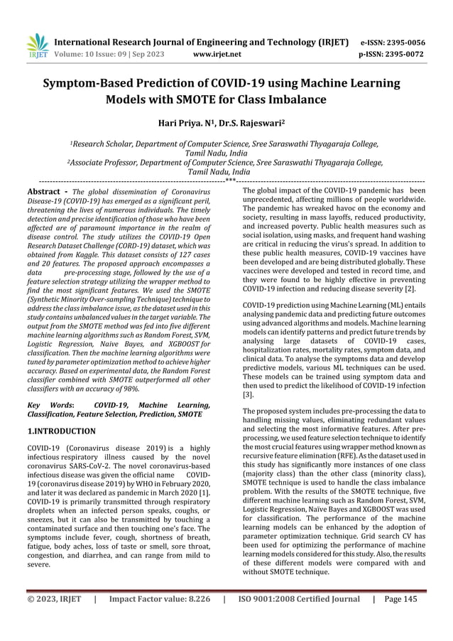 Symptom-Based Prediction of COVID-19 using Machine Learning Models with SMOTE for Class ...