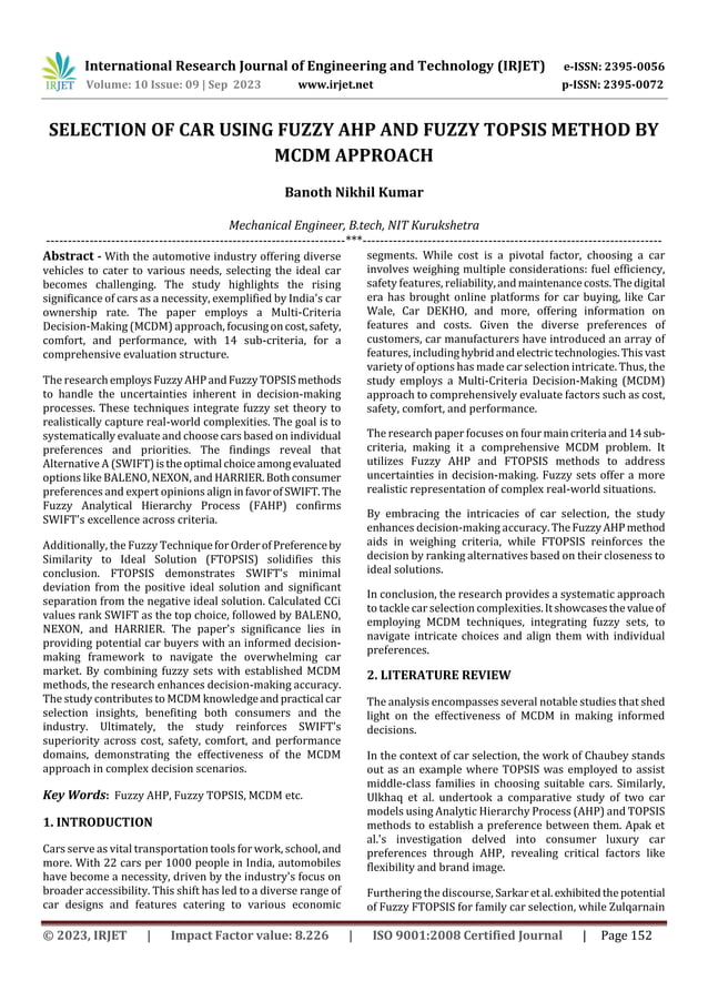 SELECTION OF CAR USING FUZZY AHP AND FUZZY TOPSIS METHOD BY MCDM APPROACH | PDF