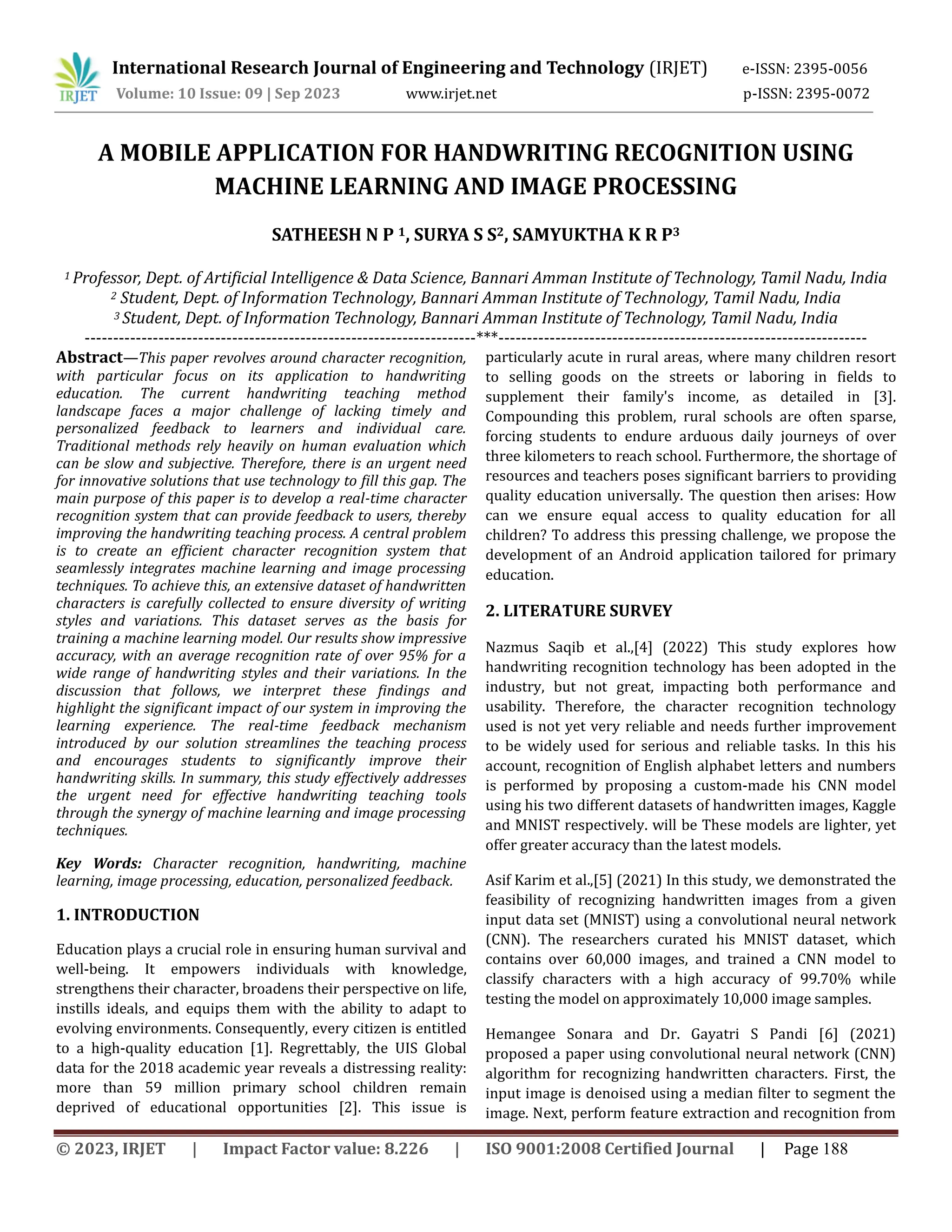 A MOBILE APPLICATION FOR HANDWRITING RECOGNITION USING MACHINE LEARNING AND IMAGE PROCESSING | PDF