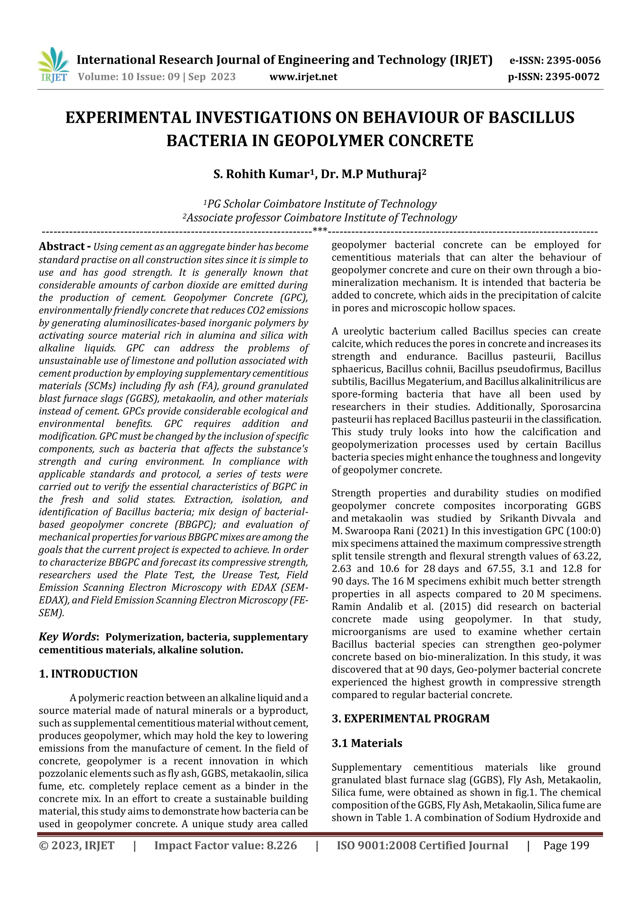 EXPERIMENTAL INVESTIGATIONS ON BEHAVIOUR OF BASCILLUS BACTERIA IN ...