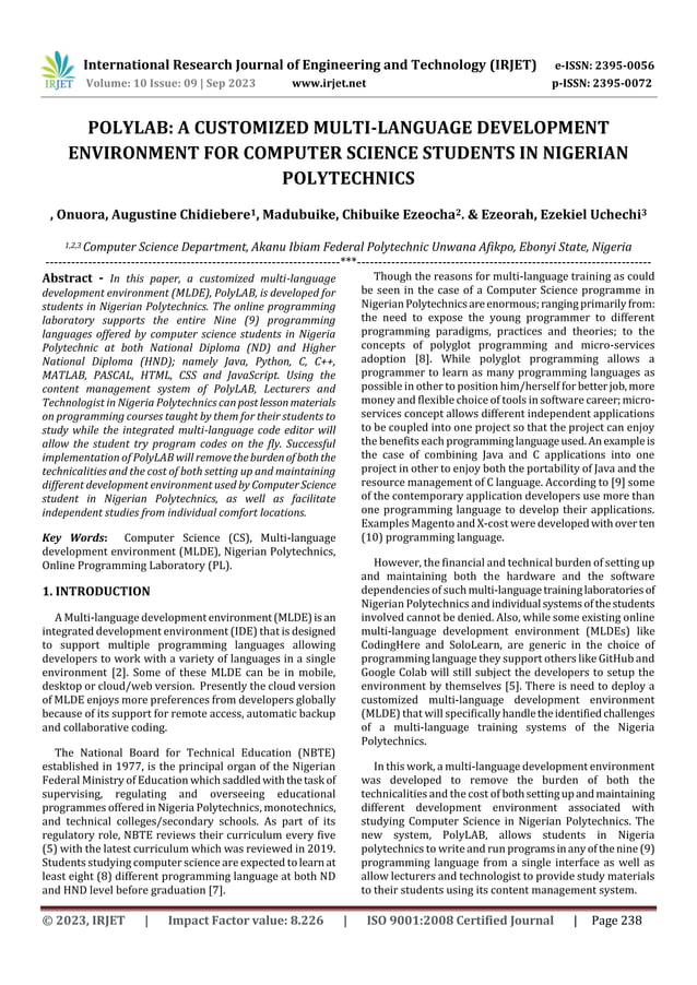 POLYLAB: A CUSTOMIZED MULTI-LANGUAGE DEVELOPMENT ENVIRONMENT FOR COMPUTER SCIENCE STUDENTS IN ...