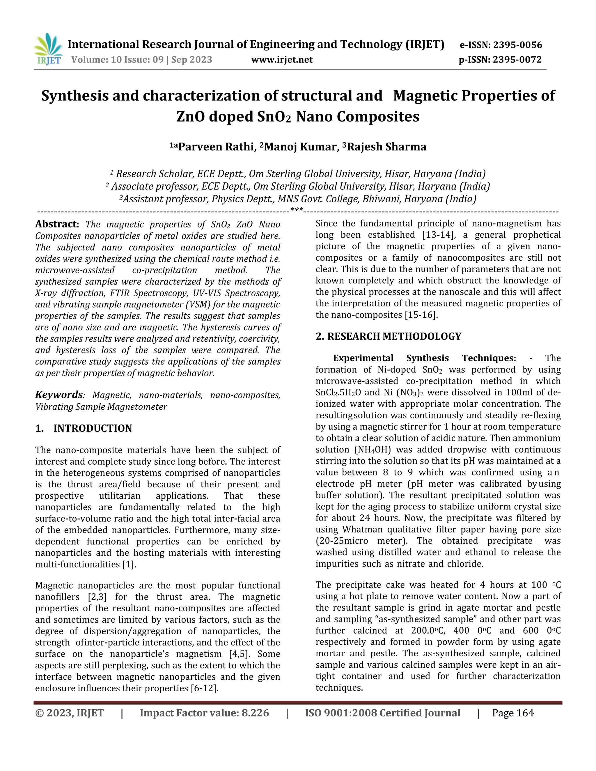 Synthesis and characterization of structural and Magnetic Properties of ZnO doped SnO2 Nano ...