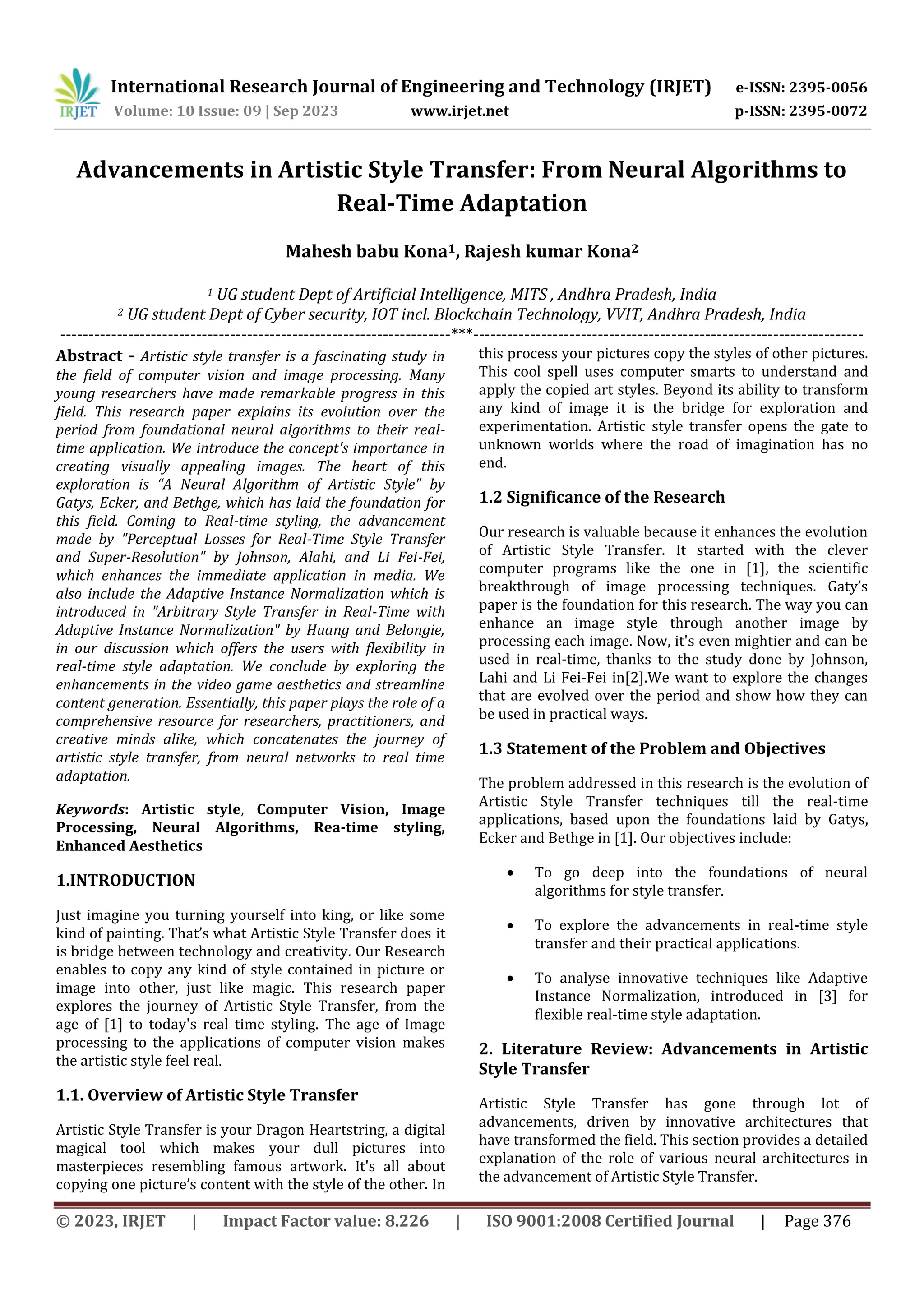 Advancements in Artistic Style Transfer: From Neural Algorithms to Real-Time Adaptation | PDF