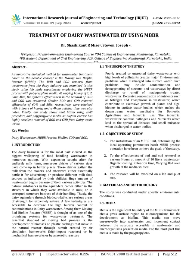 TREATMENT OF DAIRY WASTEWATER BY USING MBBR | PDF