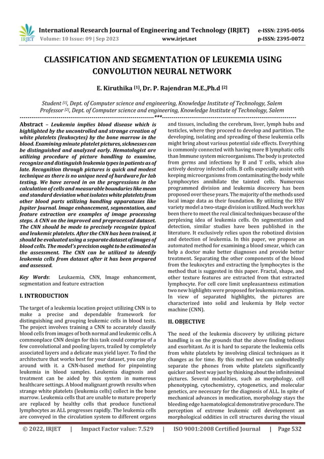 CLASSIFICATION AND SEGMENTATION OF LEUKEMIA USING CONVOLUTION NEURAL NETWORK | PDF