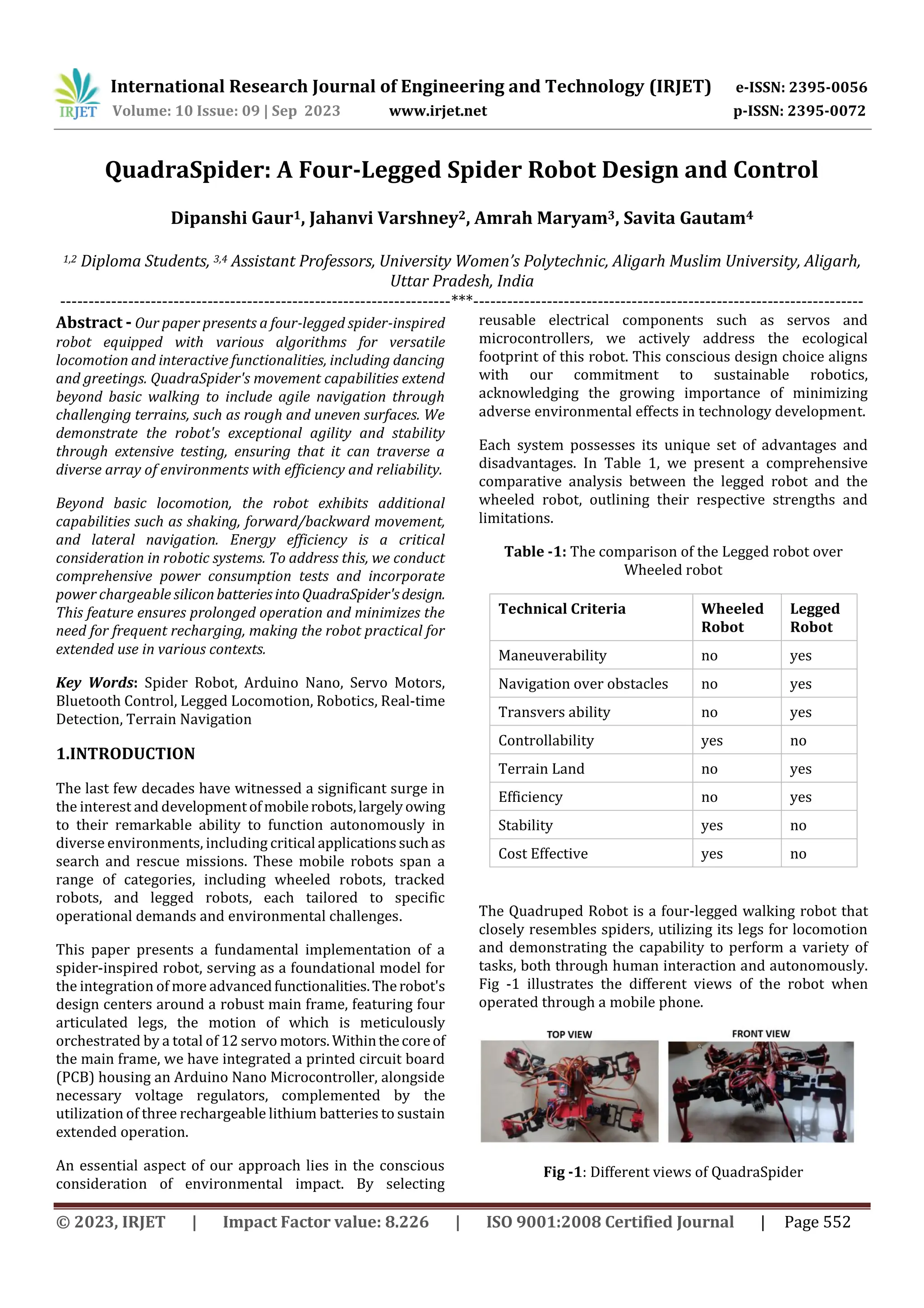 QuadraSpider: A Four-Legged Spider Robot Design and Control | PDF
