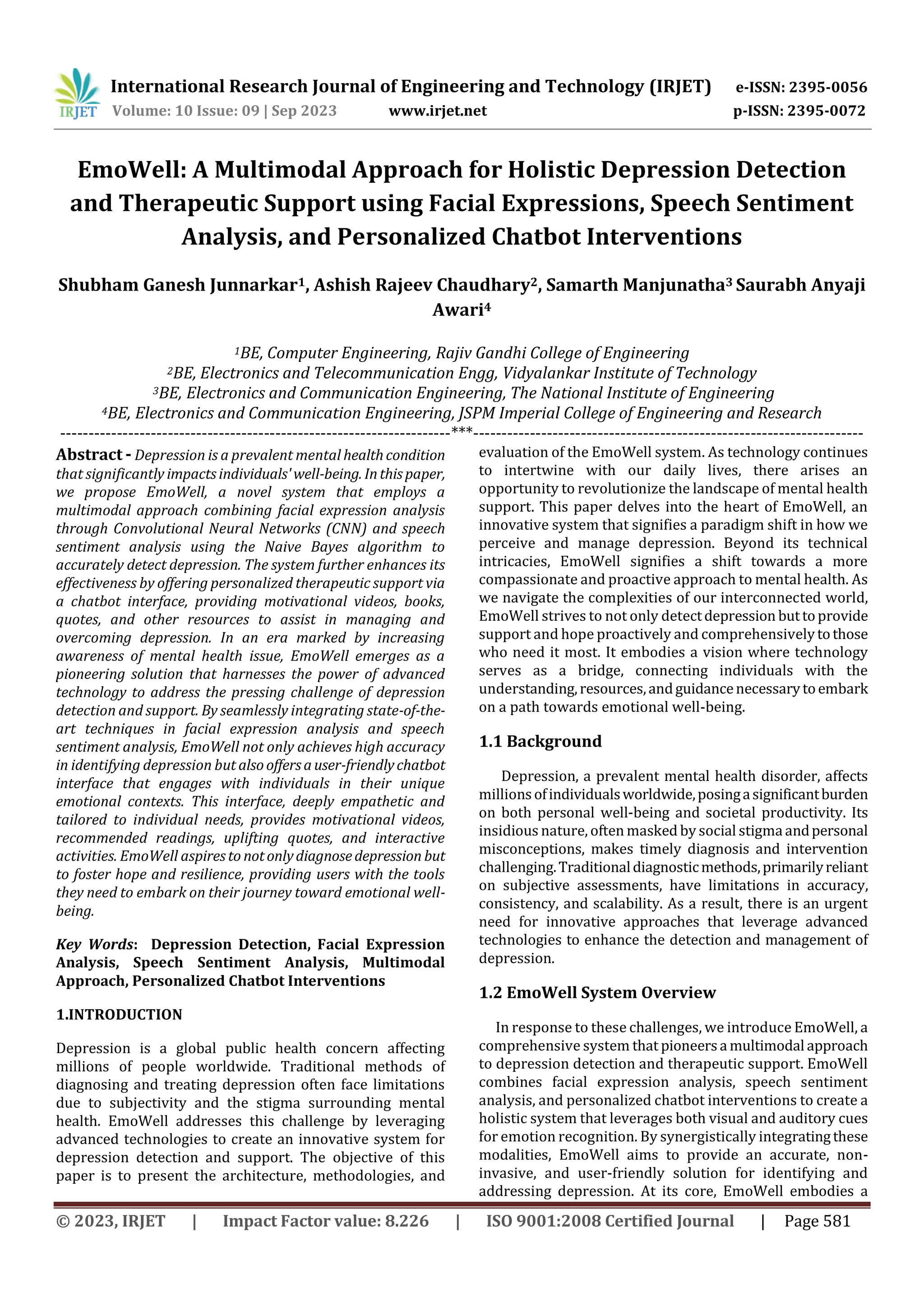 EmoWell: A Multimodal Approach for Holistic Depression Detection and Therapeutic Support using ...