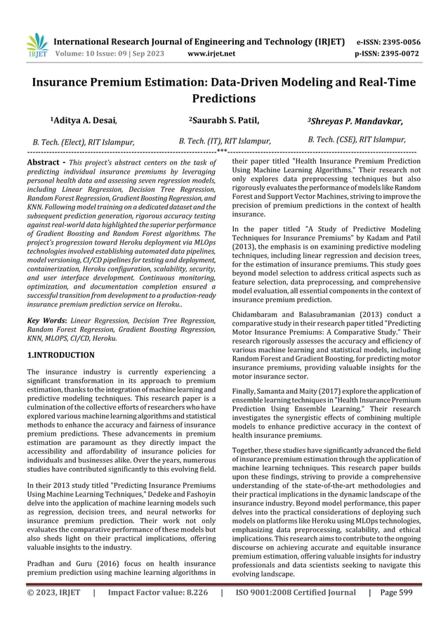 Insurance Premium Estimation: Data-Driven Modeling and Real-Time ...