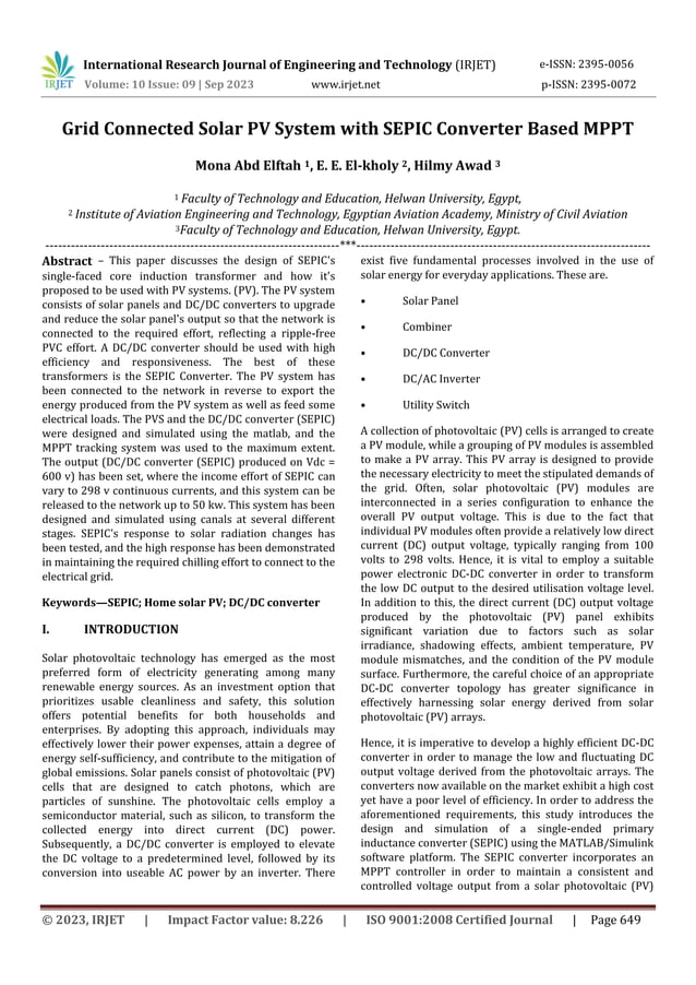 Grid Connected Solar PV System with SEPIC Converter Based MPPT | PDF | Power and Energy Industry ...