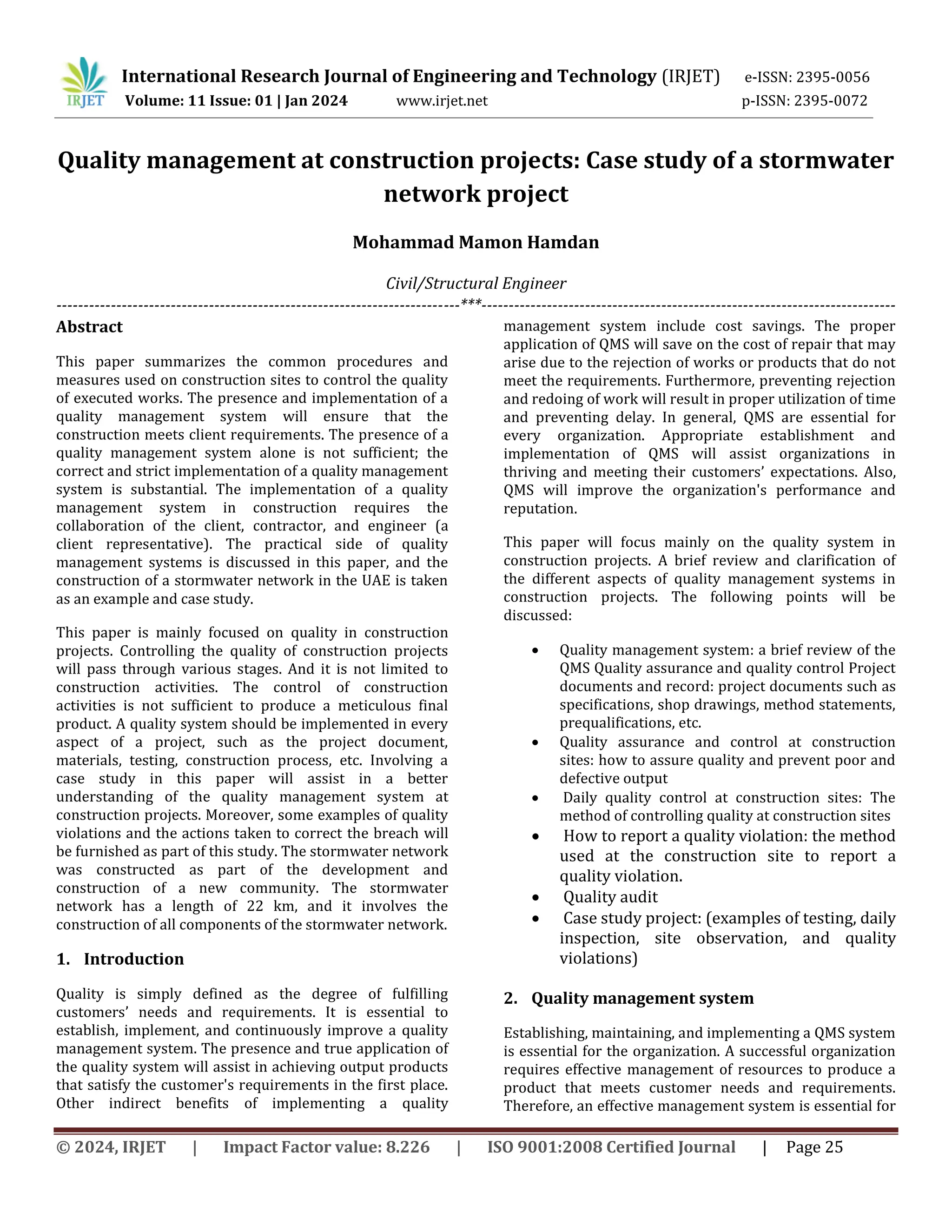 Quality management at construction projects: Case study of a stormwater ...