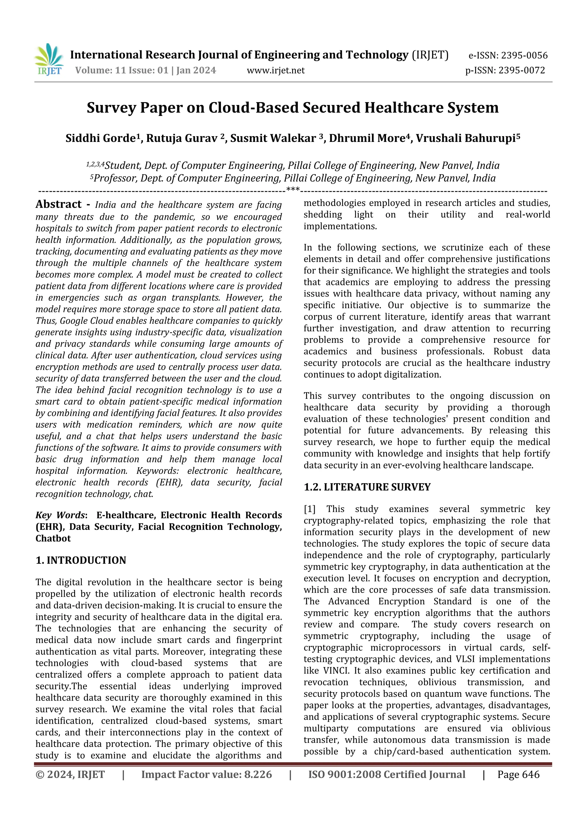 Survey Paper on Cloud-Based Secured Healthcare System | PDF