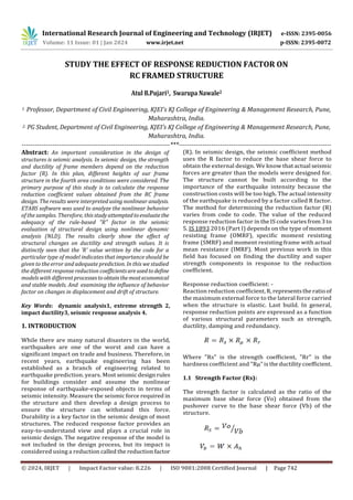 STUDY THE EFFECT OF RESPONSE REDUCTION FACTOR ON RC FRAMED STRUCTURE | PDF