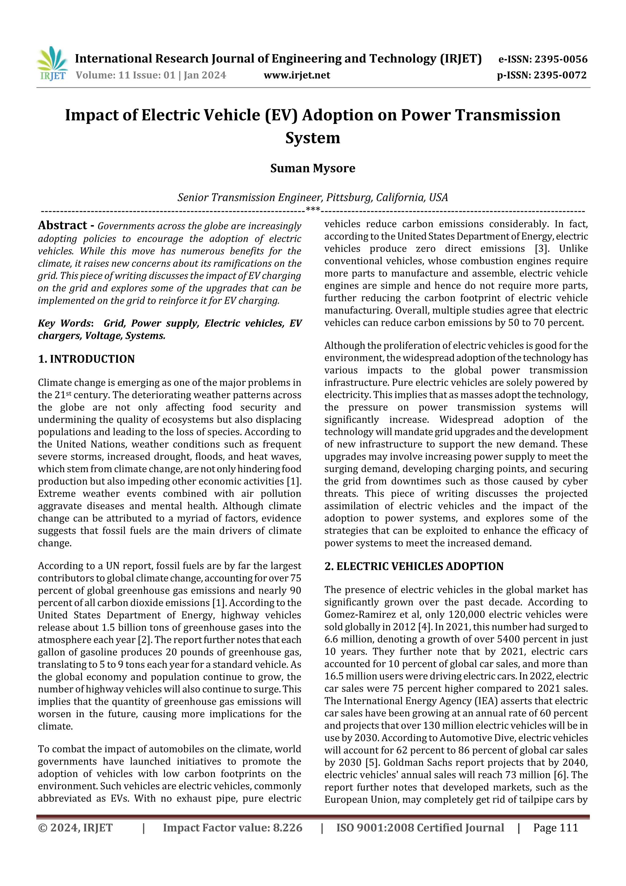 Impact of Electric Vehicle (EV) Adoption on Power Transmission System | PDF