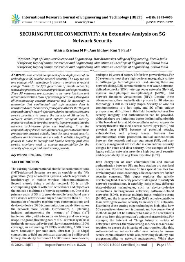SECURING FUTURE CONNECTIVITY: An Extensive Analysis on 5G Network Security | PDF