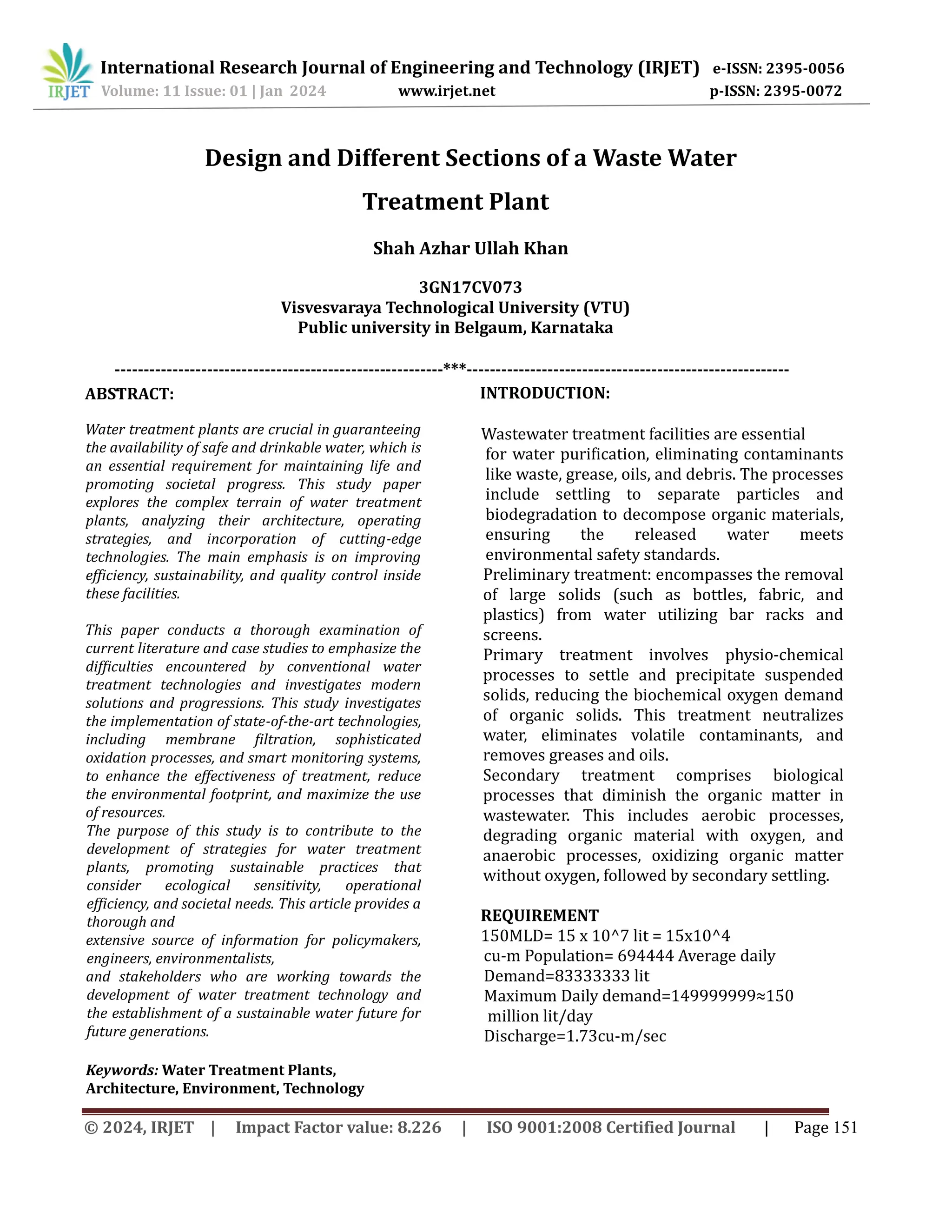 Design and Different Sections of a Waste Water Treatment Plant | PDF