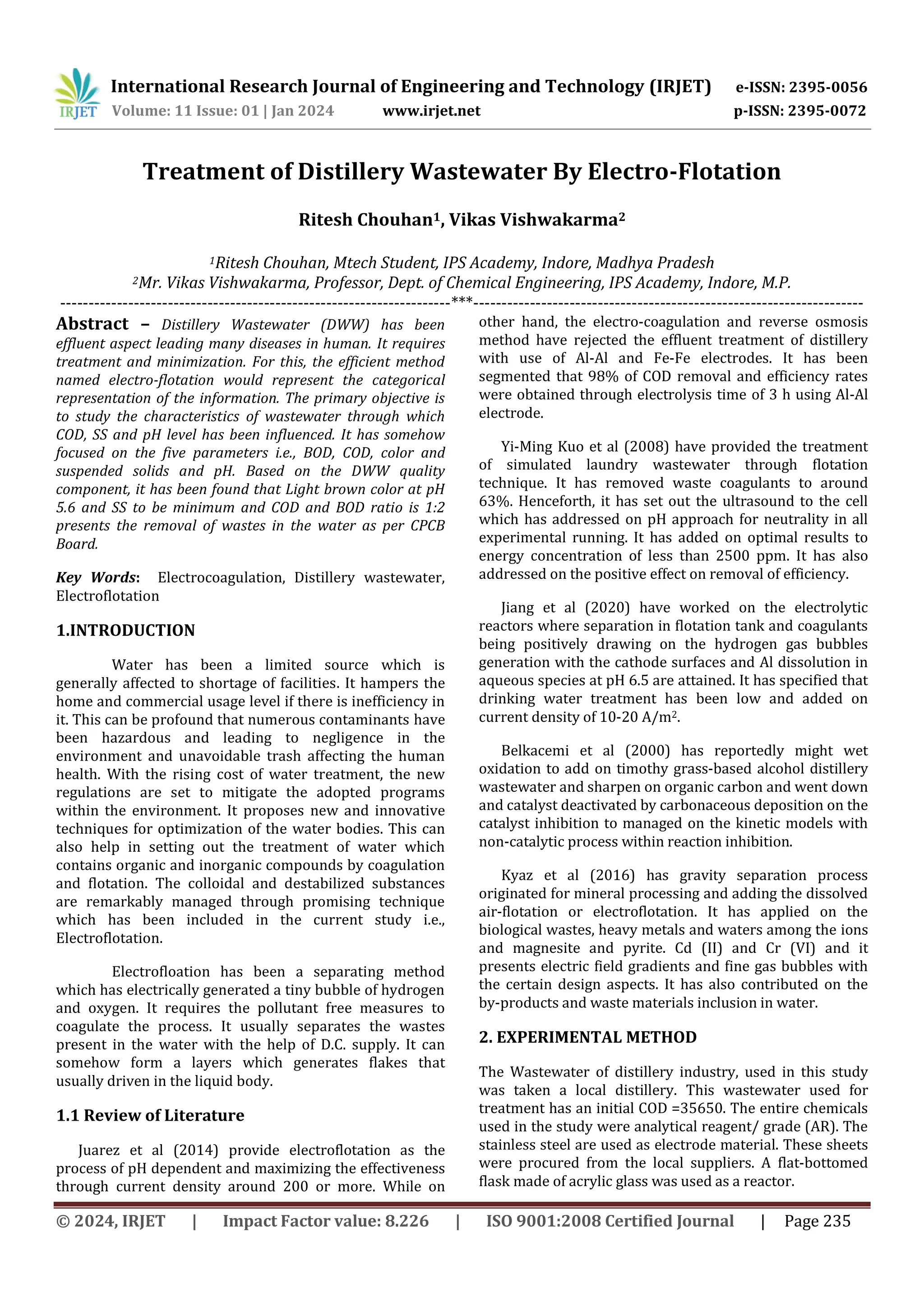 Treatment of Distillery Wastewater By Electro-Flotation | PDF