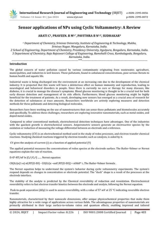Sensor applications of NPs using Cyclic Voltammetry: A Review | PDF