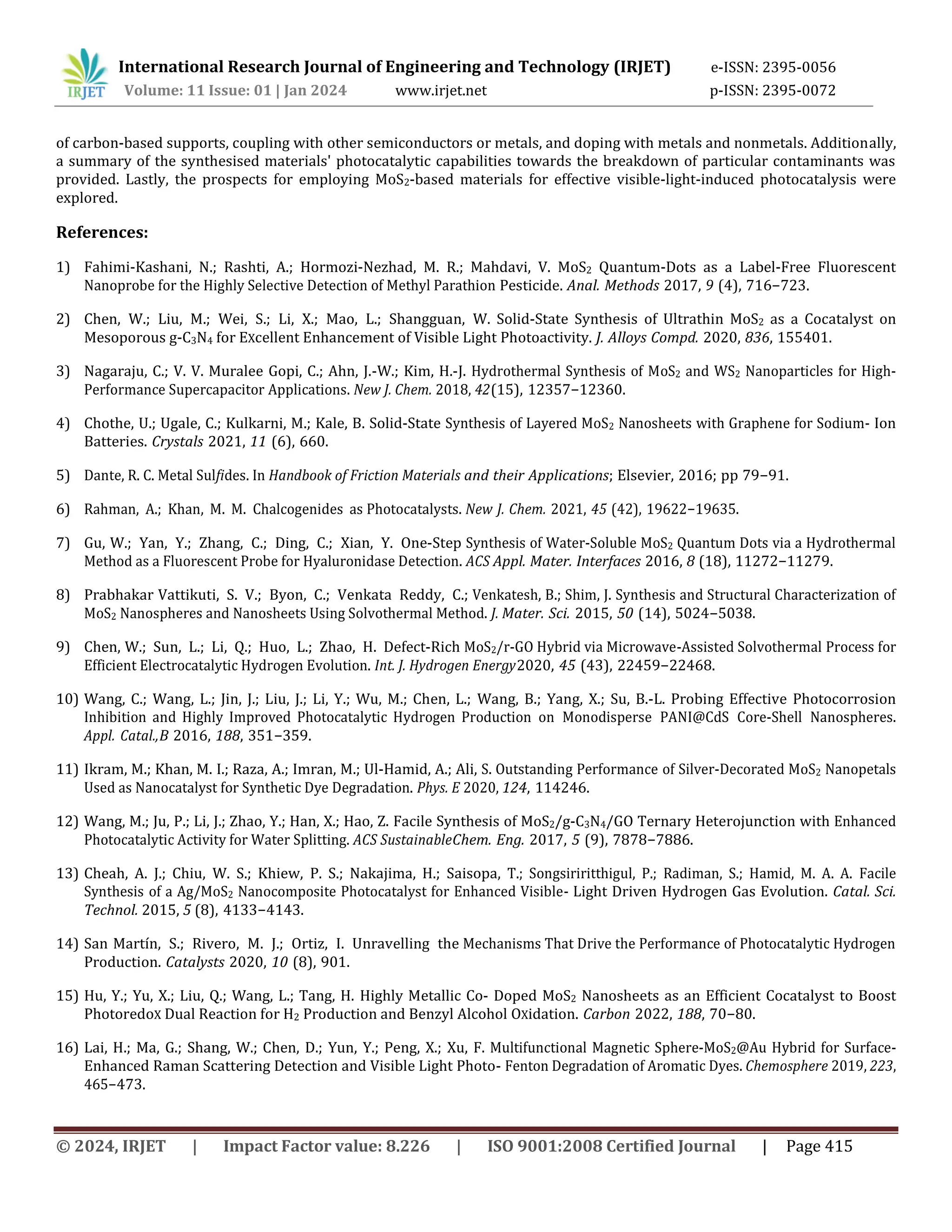 Review on Synthesis and Applications of Nanomaterial Molybdenum Disulphide (MOS2) and ...