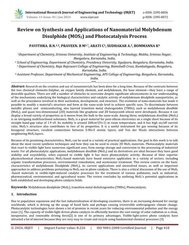 Review on Synthesis and Applications of Nanomaterial Molybdenum ...