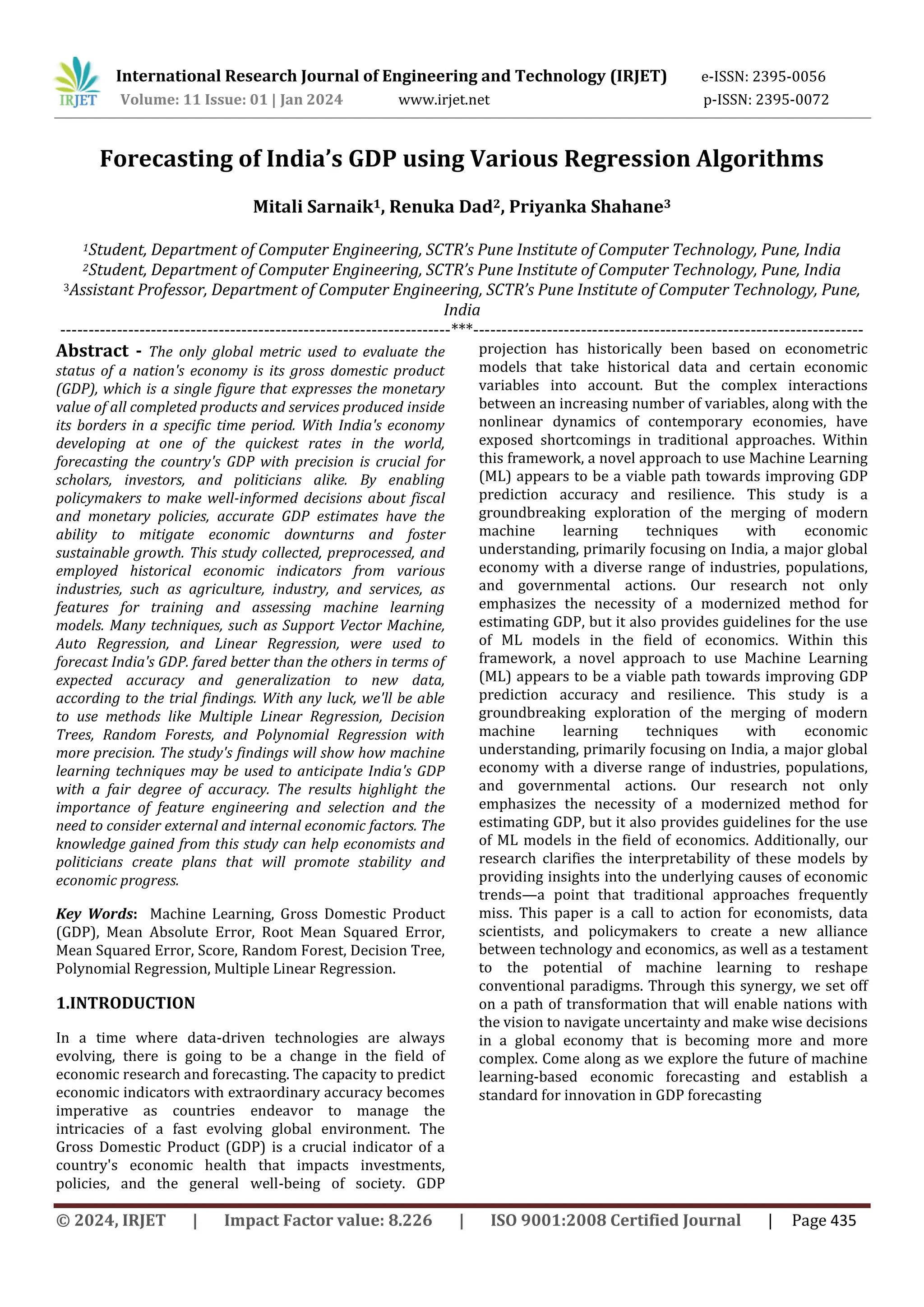 Forecasting Of India S Gdp Using Various Regression Algorithms Pdf