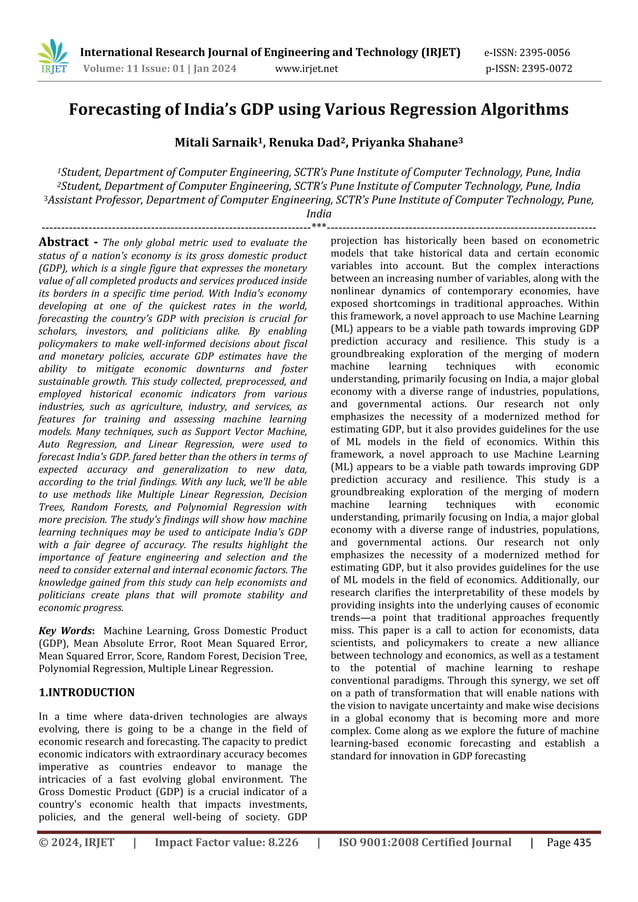 Forecasting of India’s GDP using Various Regression Algorithms | PDF