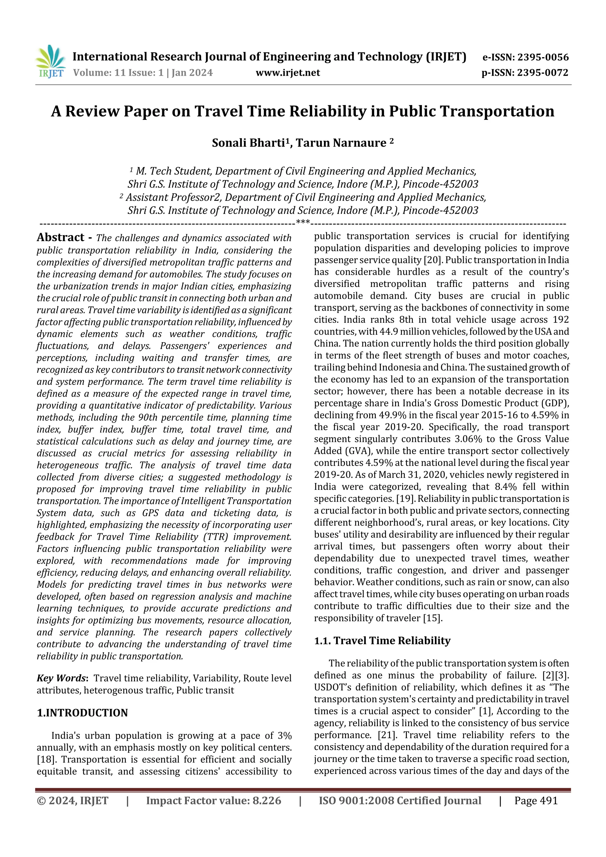 A Review Paper on Travel Time Reliability in Public Transportation | PDF