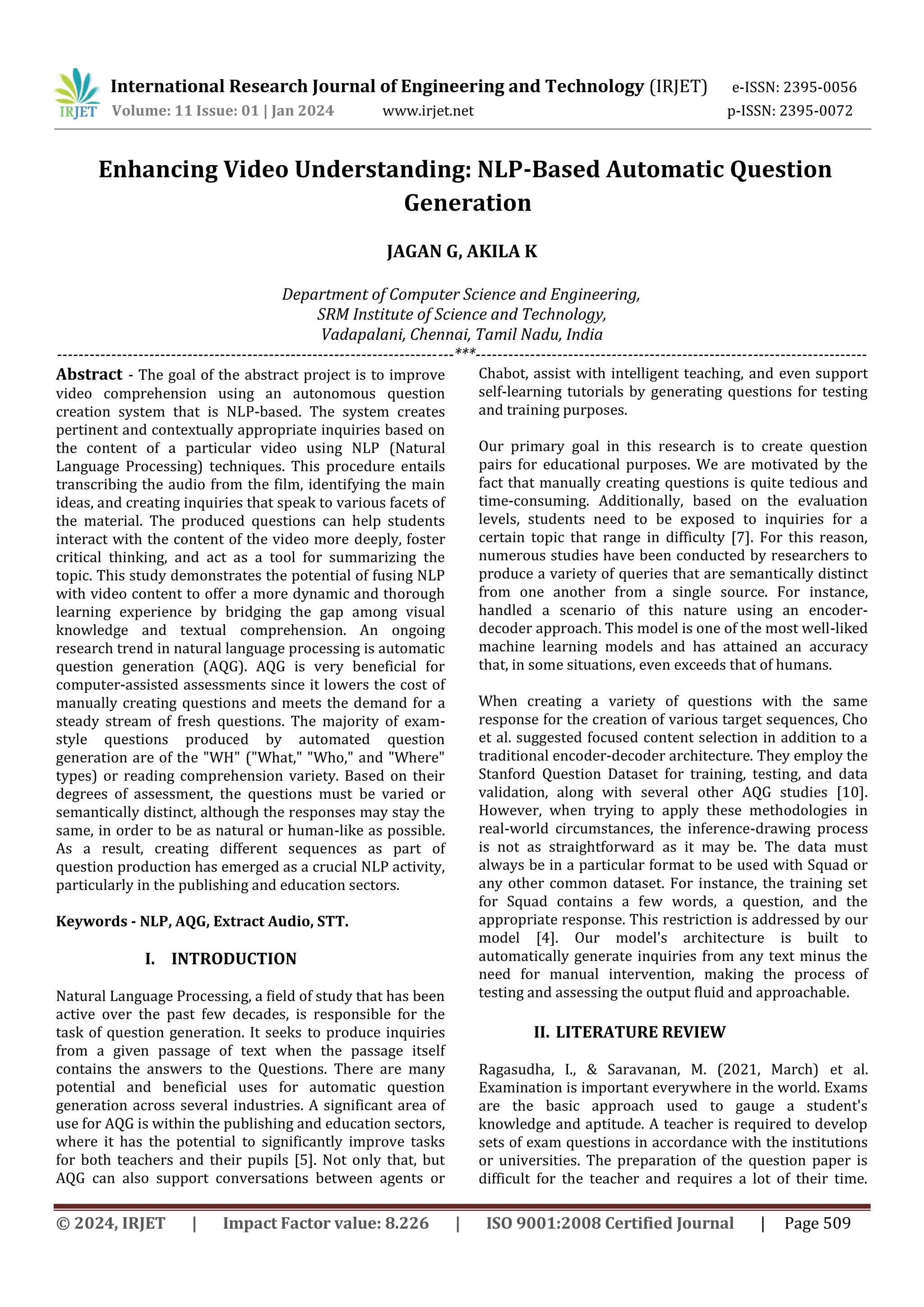 Enhancing Video Understanding: NLP-Based Automatic Question Generation | PDF