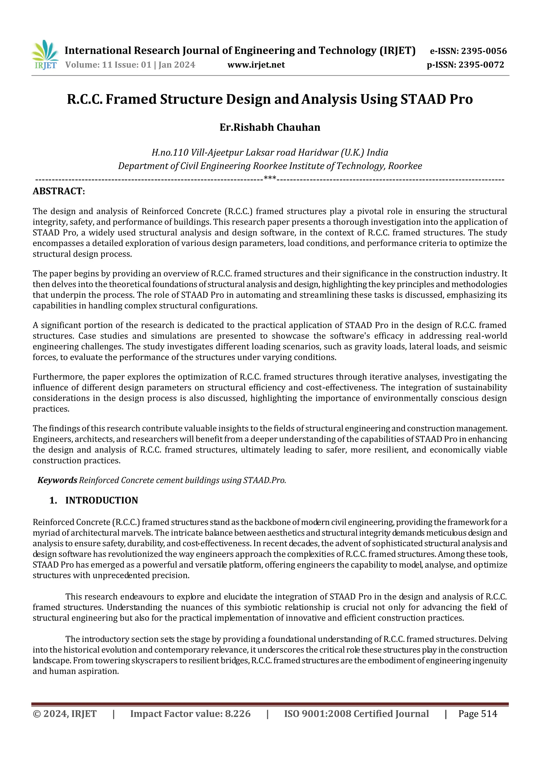 R.C.C. Framed Structure Design and Analysis Using STAAD Pro | PDF