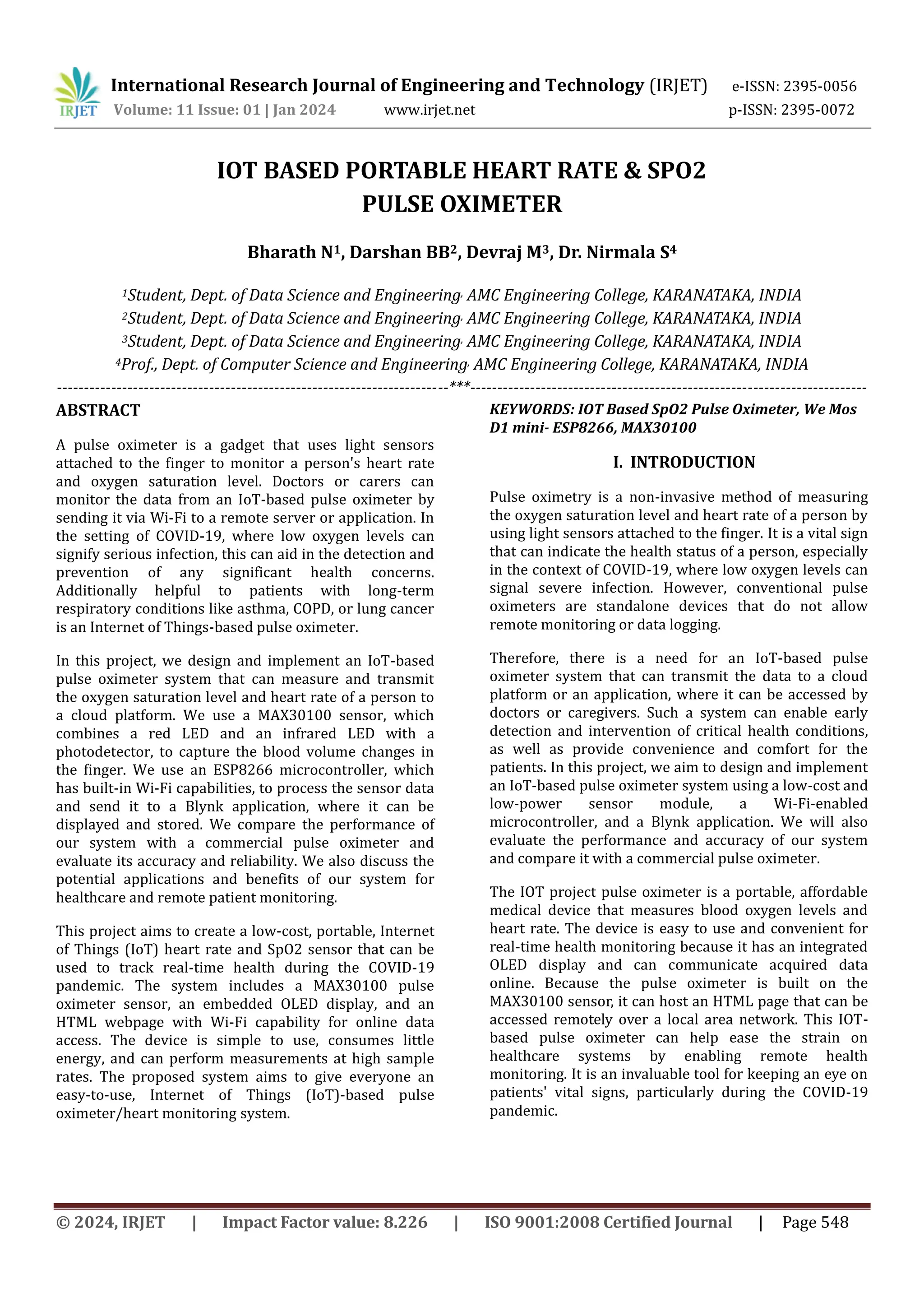 IOT BASED PORTABLE HEART RATE & SPO2 PULSE OXIMETER | PDF