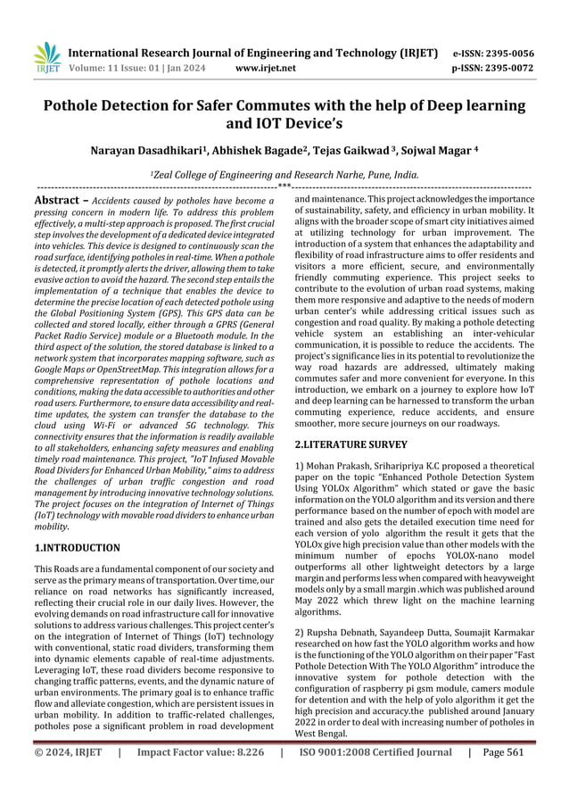 Pothole Detection for Safer Commutes with the help of Deep learning and ...